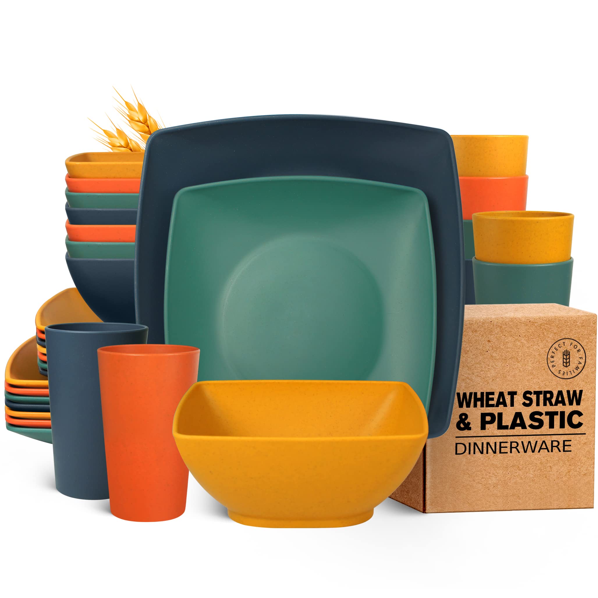 Teivio 32-piece Plastic Wheat Straw Square Dinnerware Set for 8 ...