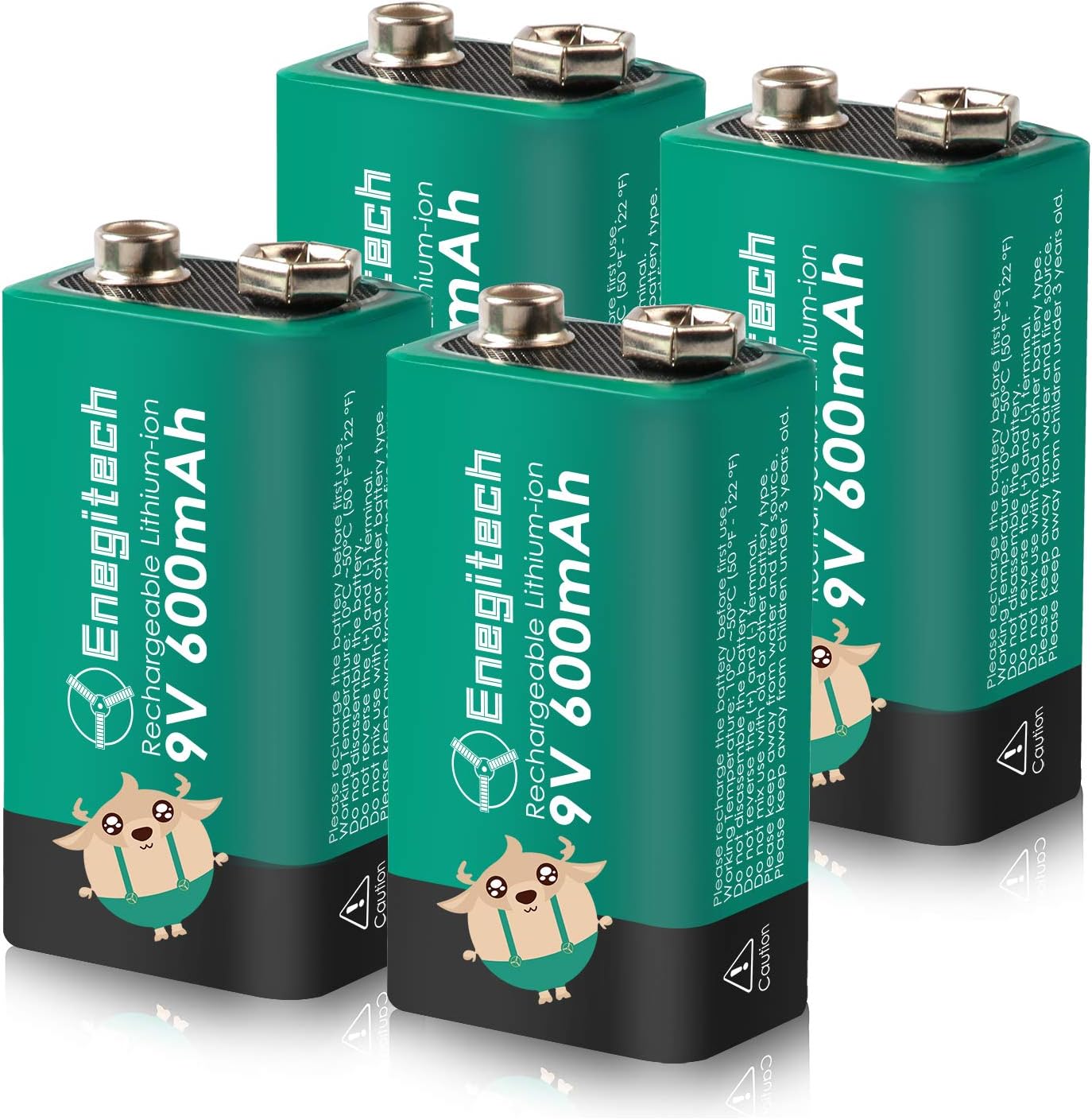 Enegitech 9V Block Rechargeable Li-ion Battery, 600mAh High Performance ...