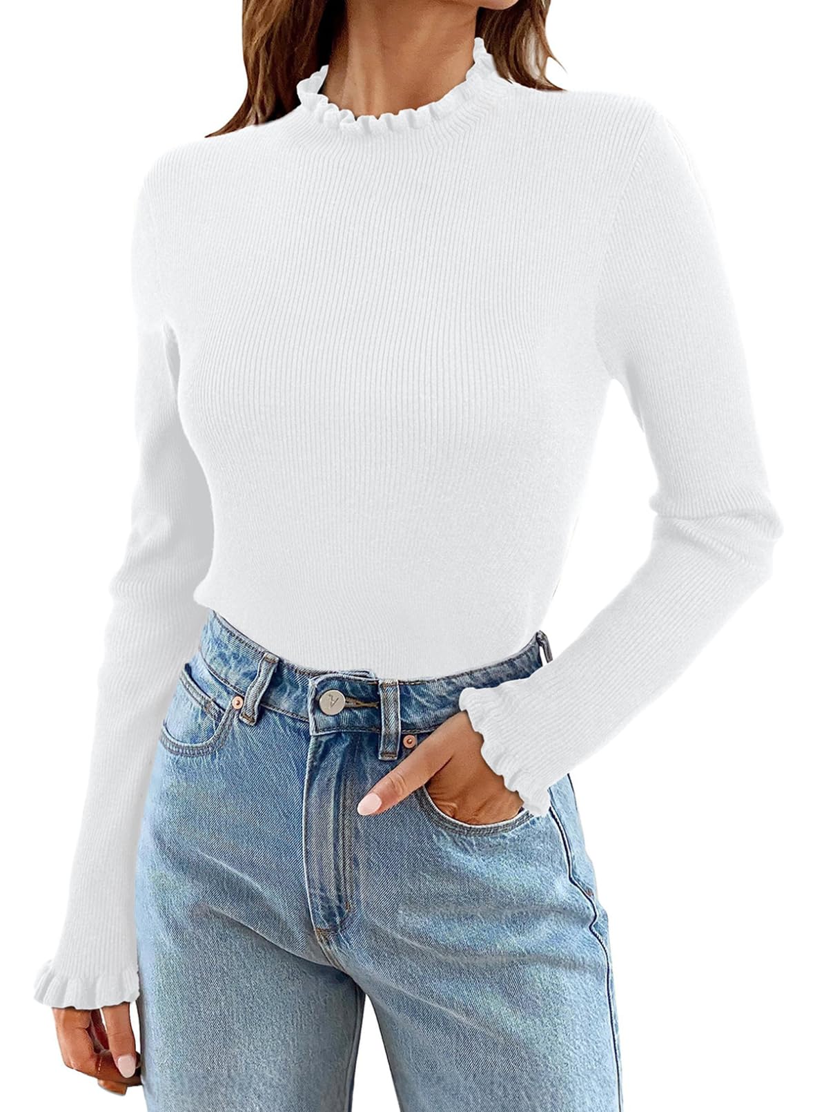 EVALESS Fall Sweaters for Women 2024 Trendy Ruffle Crewneck Long Sleeve ...