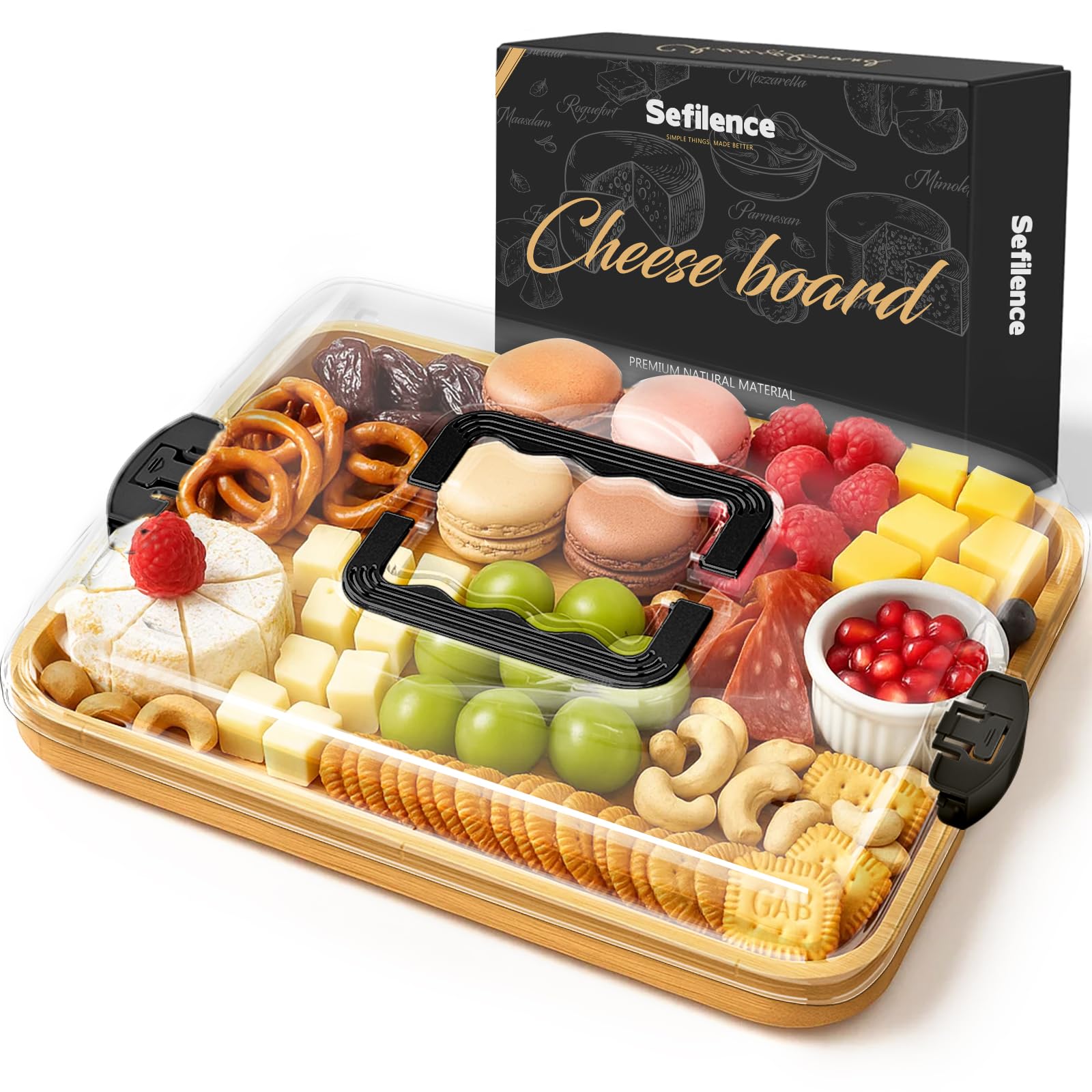 Charcuterie Board Cheese Board with Lid and Handle, Portable Bamboo ...