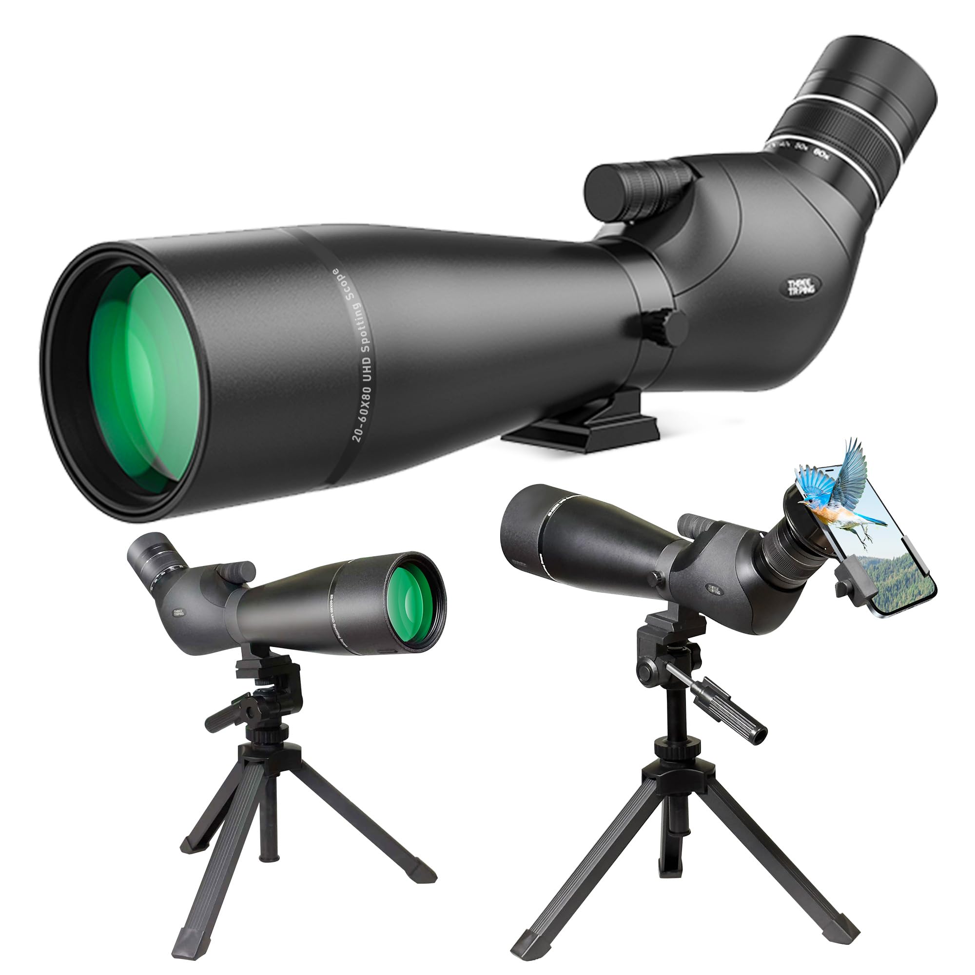 Three Triping Spotting Scope 20-60x80, Dual Focusing ED Spotting Scopes ...