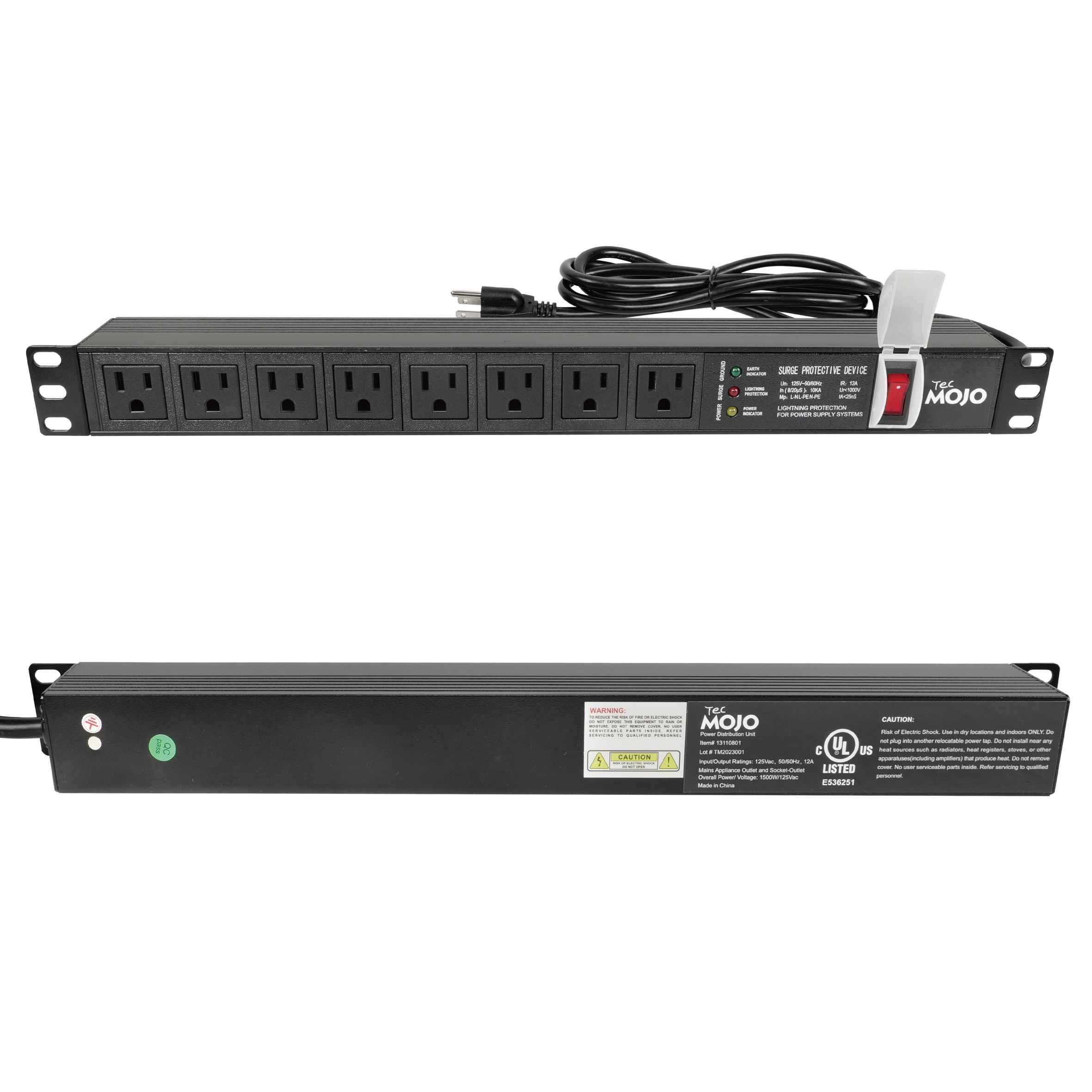 Tecmojo 1U Rack-Mount Horizontal 8-Outlet Power Strip UL Listed PDU ...