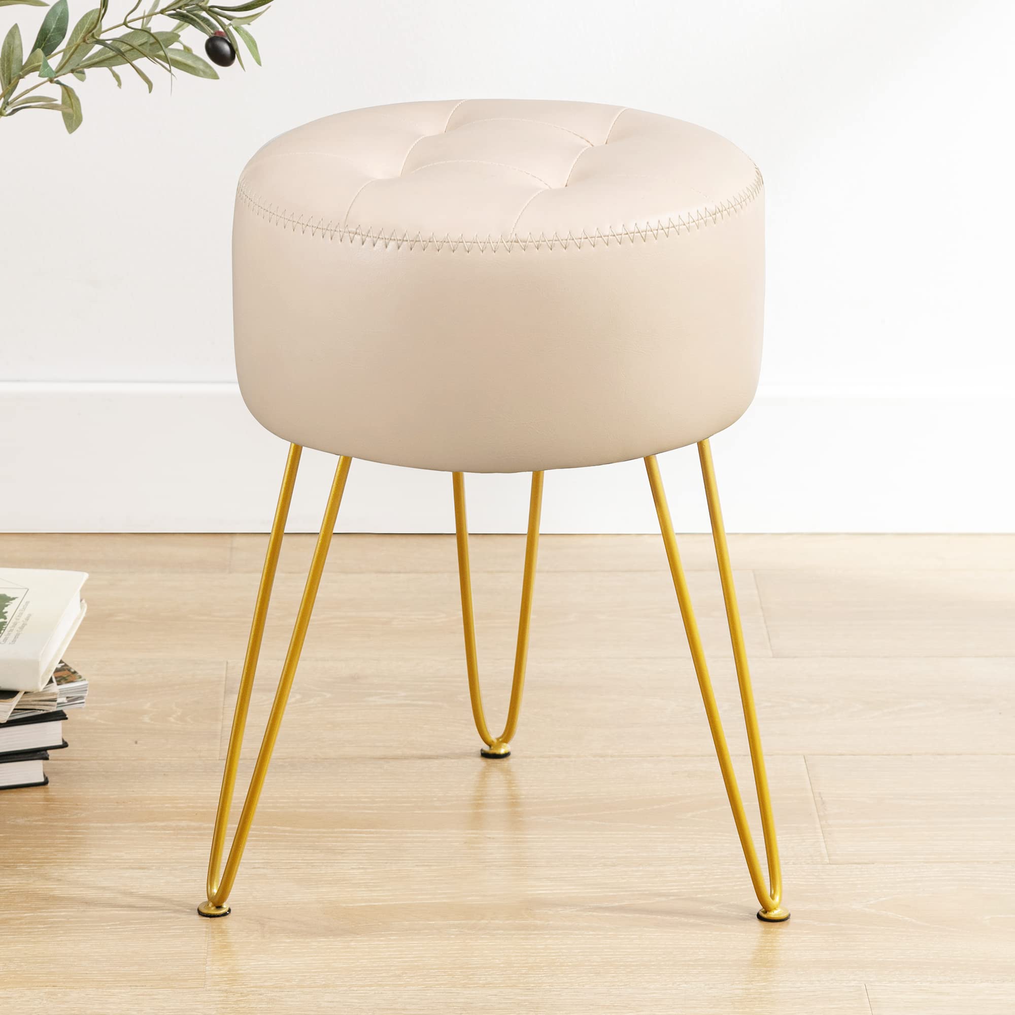 LUE BONA Faux Leather Vanity Stool Chair for Makeup Room, Almond Stool ...
