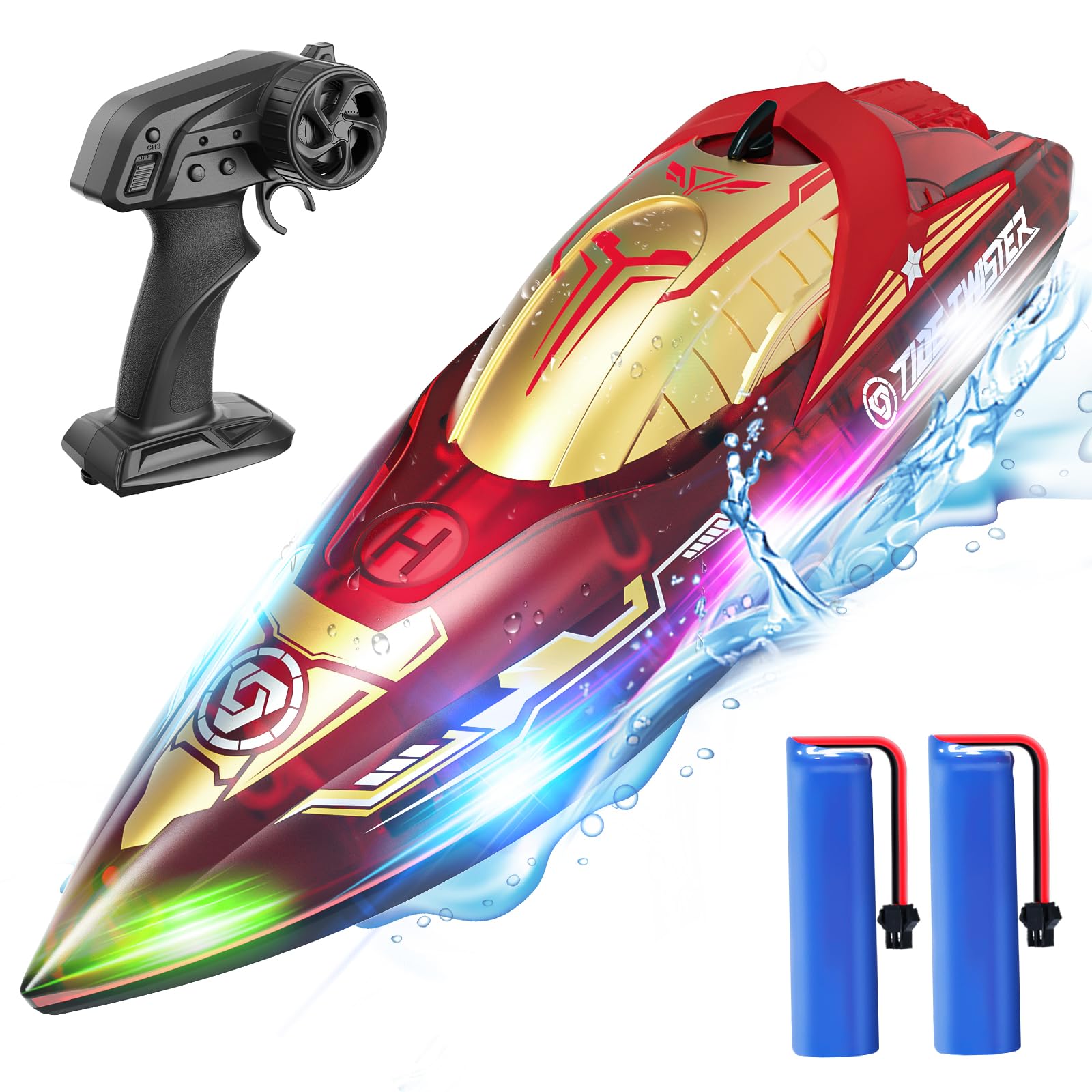 DEERC RC Boat with LED Lights for Kids, 2.4Ghz Full Proportional Remote ...