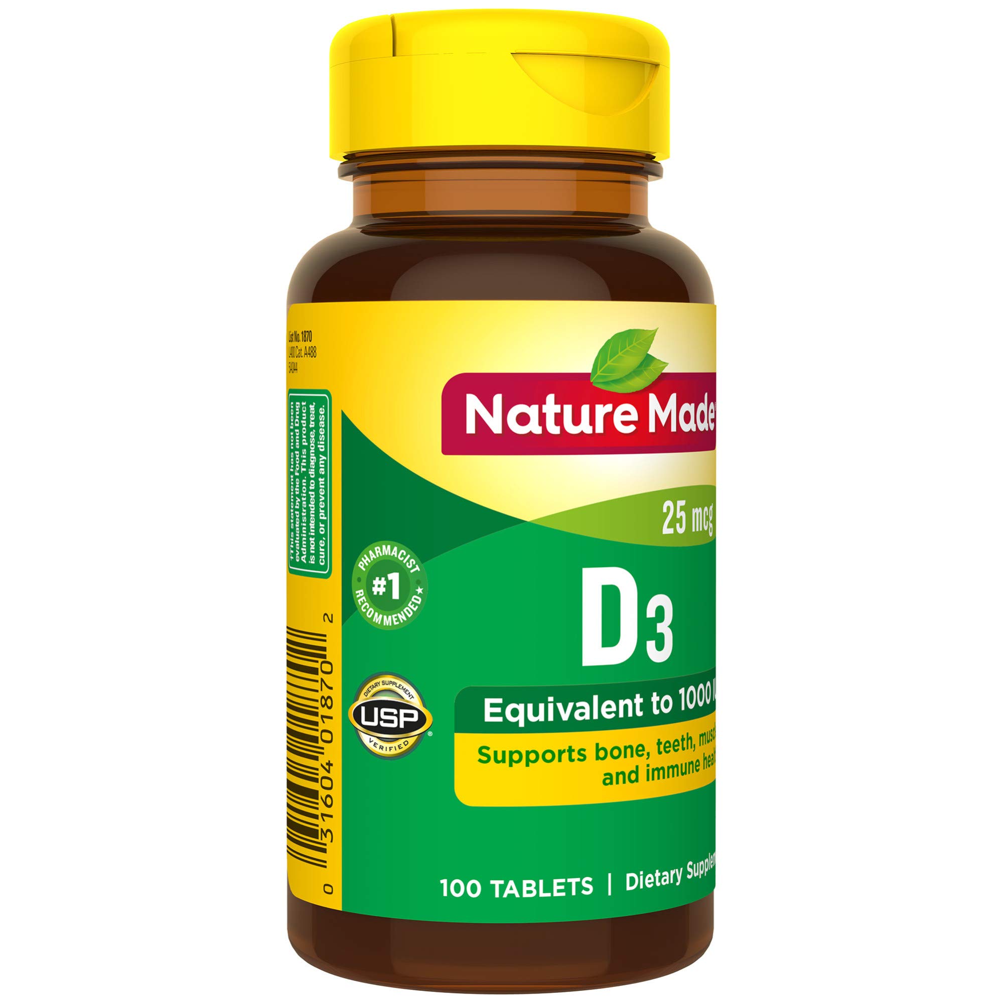 Nature Made Vitamin D3, 100 Tablets, Vitamin D 1000 IU (25 mcg) Helps ...