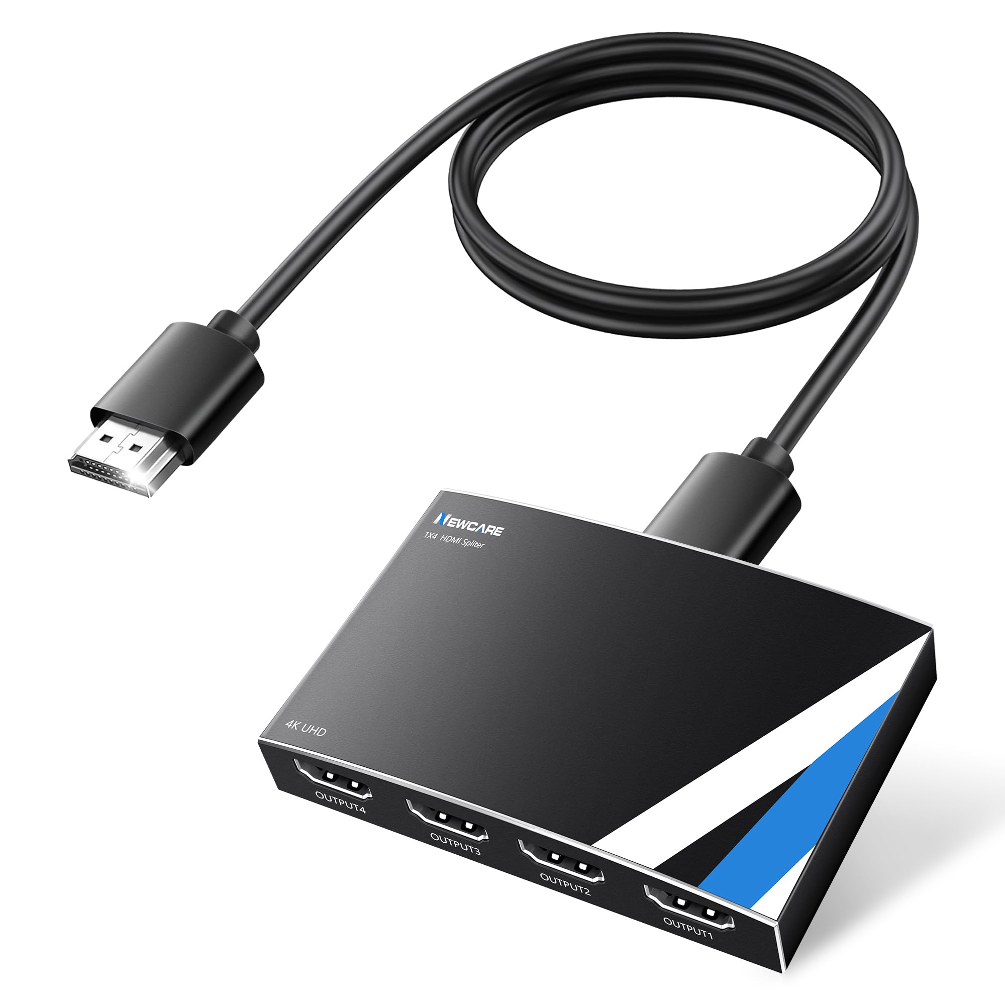 NEWCARE HDMI Splitter 1 in 4 Out [ with 4 Ft HDMI 2.0 Cable and Power Adapter], Aluminum Alloy ...