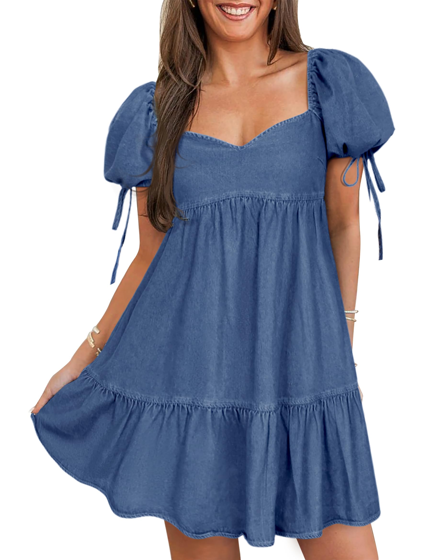 POTILI Denim Dress for Women Puff Short Sleeve Jean Dresses Sweetheart ...