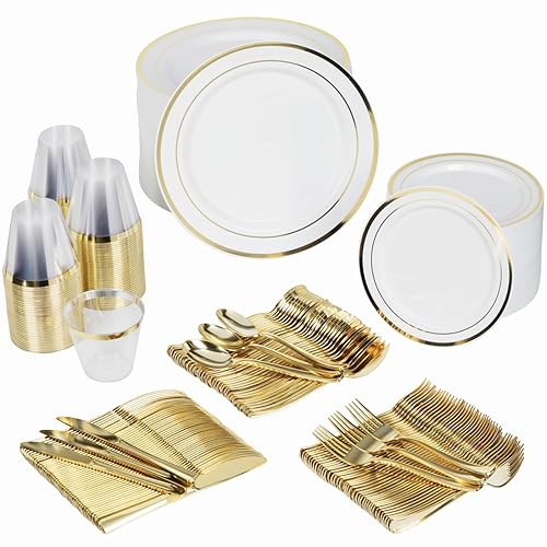 Prestee 600-Piece Disposable Party Dinnerware Set for 100 Guests - Gold ...
