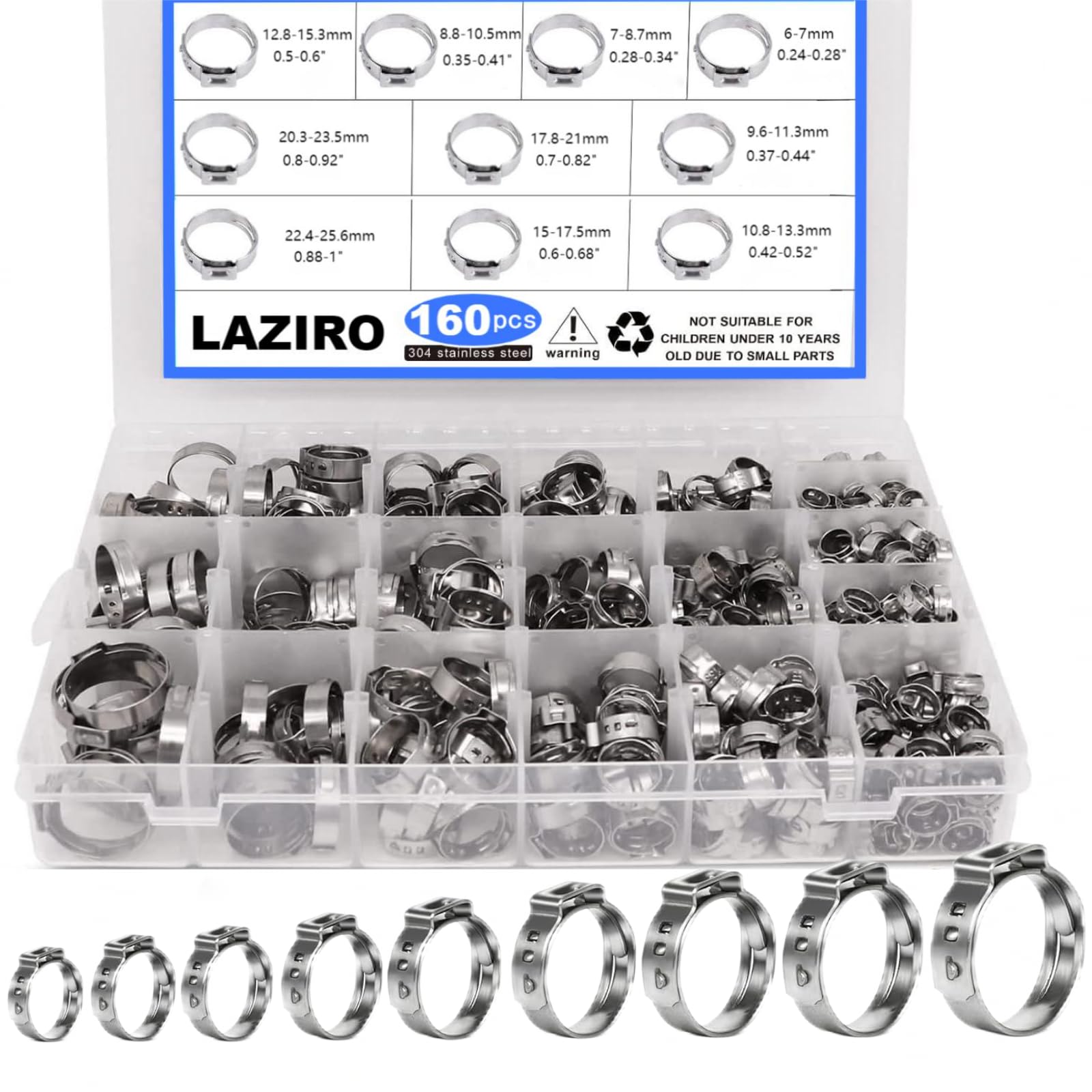 LAZIRO 160Pcs (6mm-25.6mm)1/4""-1""Single Ear Hose Clamp Hose Crimp ...