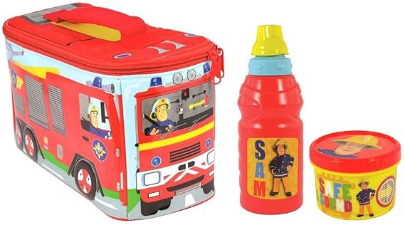 Fireman Sam Fire Engine Lunch Bag/Box, Plastic Sports Bottle and Snack ...