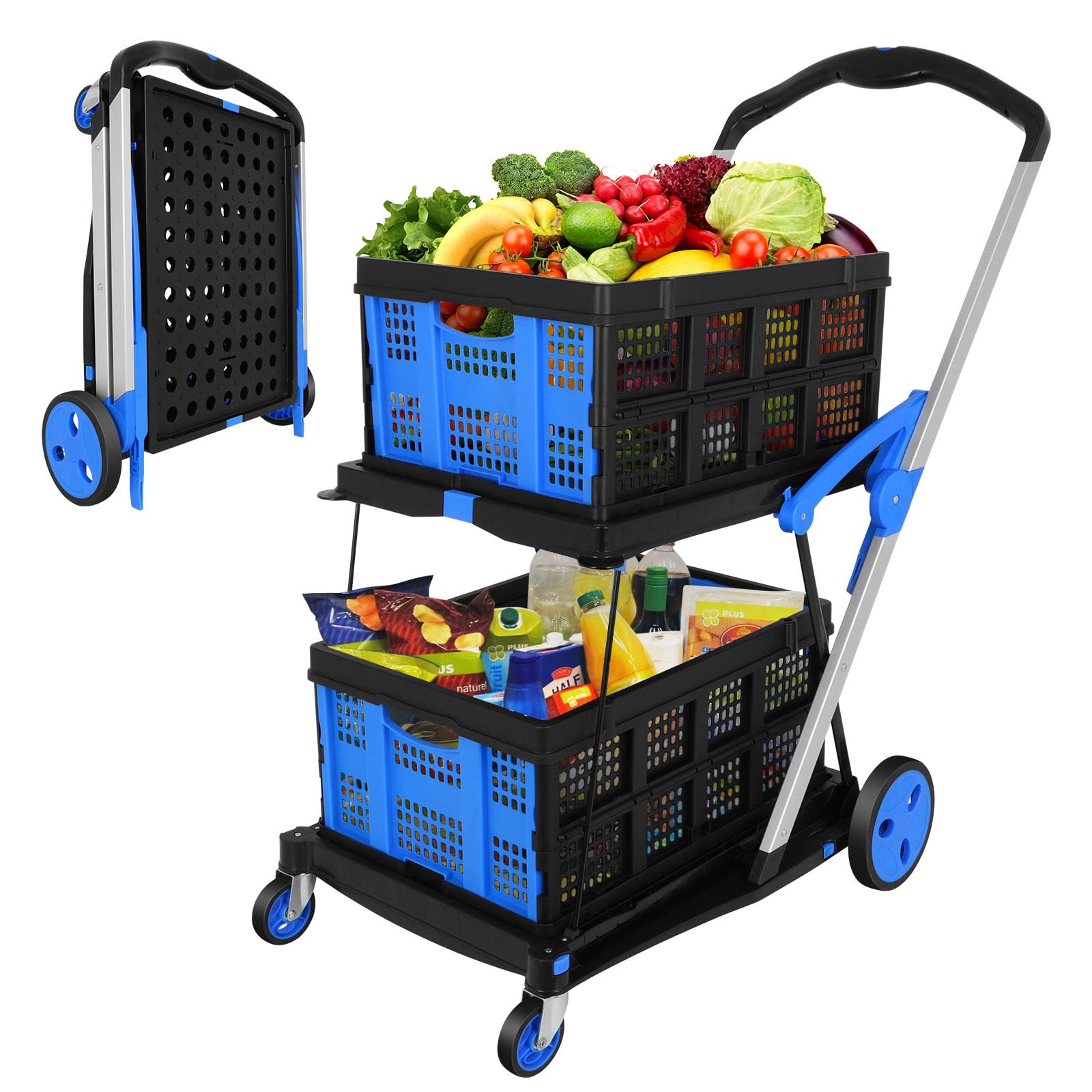 Multifunctional Folding Cart with Wheels,Two Layers Collapsible Utility ...
