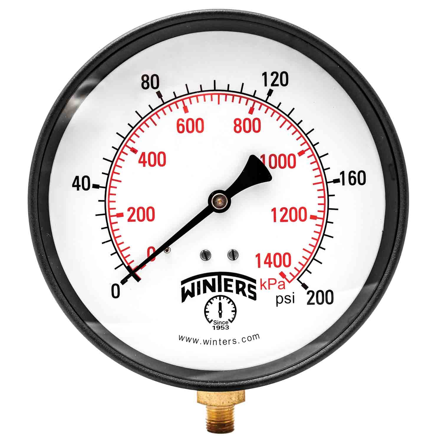 Winters P1S 100 Series Steel Dual Scale Pressure Gauge, 0-200 psi/kpa ...