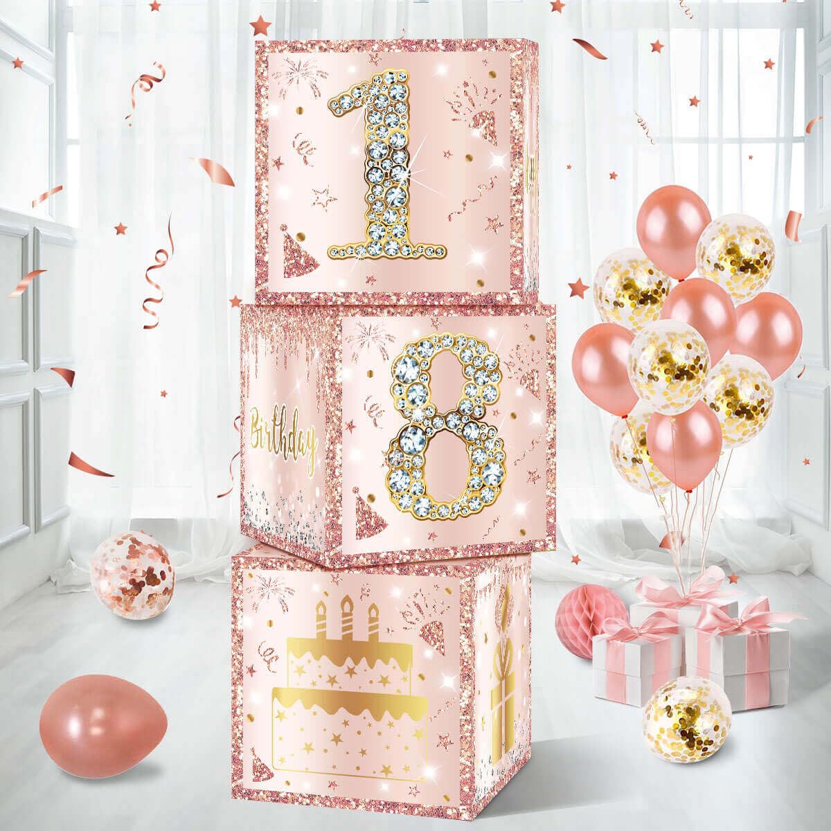 Happy 18th Rose Gold Birthday Balloon Boxes Decorations for Women Girl ...