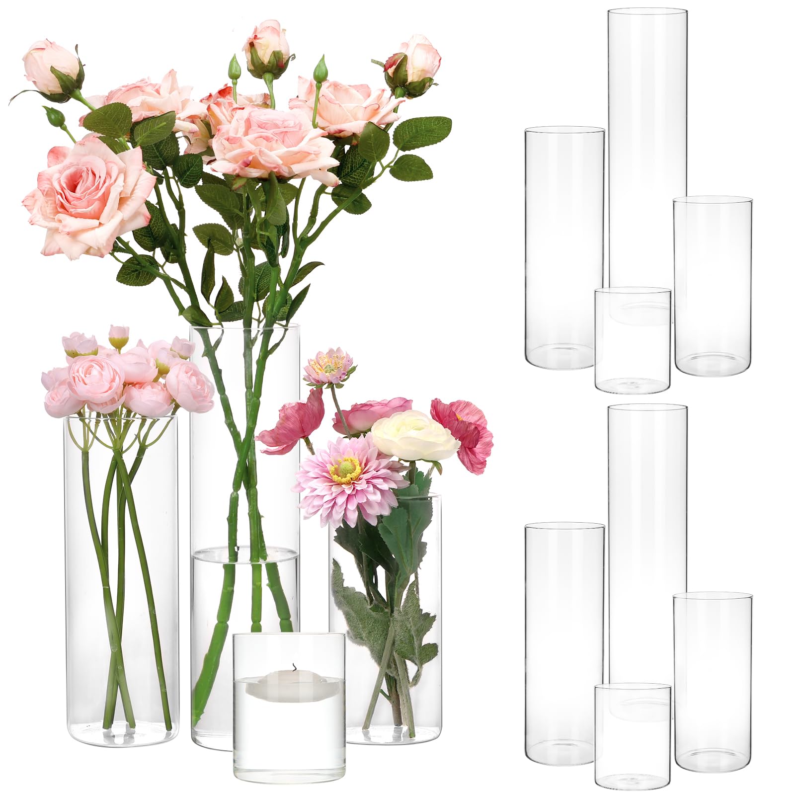 CEWOR 12pcs Glass Cylinder Vase 4, 6.8, 9, 11.8 Inch Glass Candle ...