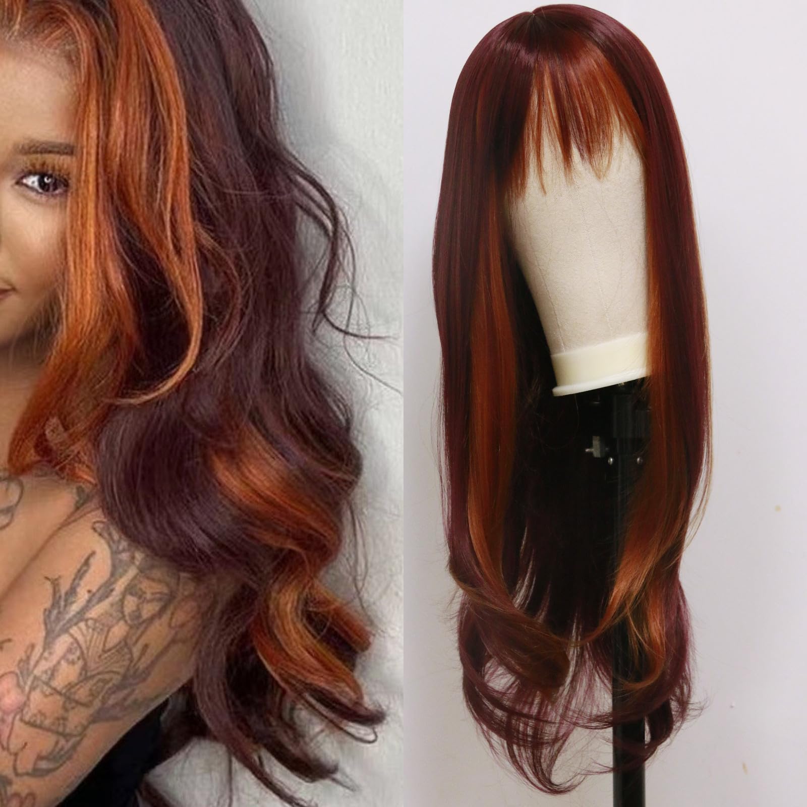 mszyhuwan 99J Burgundy Red With Ginger Mixed Highlights Wig With Bangs ...