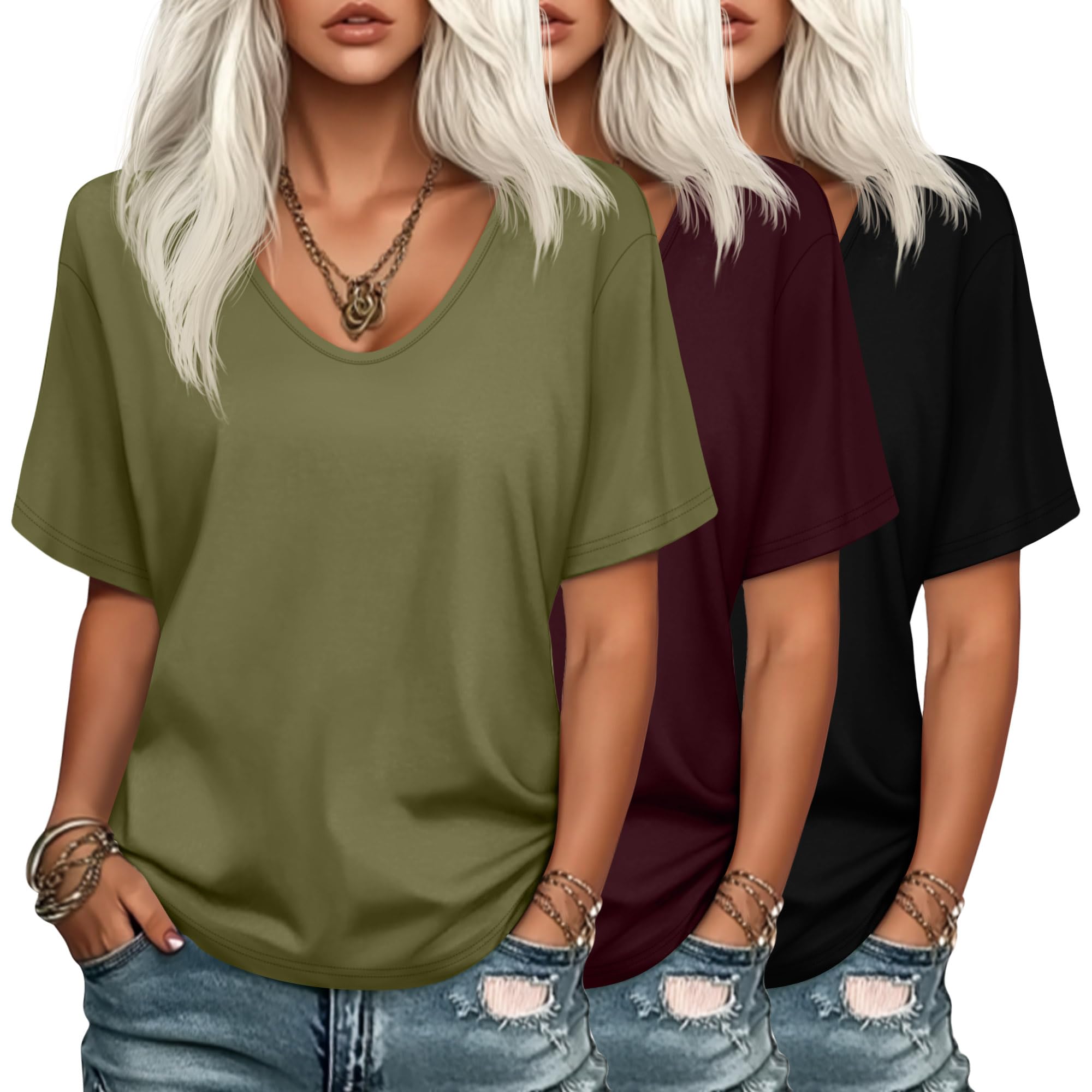Huukeay 3 Pack Oversized T Shirts for Women V Neck Half Sleeve Tops ...