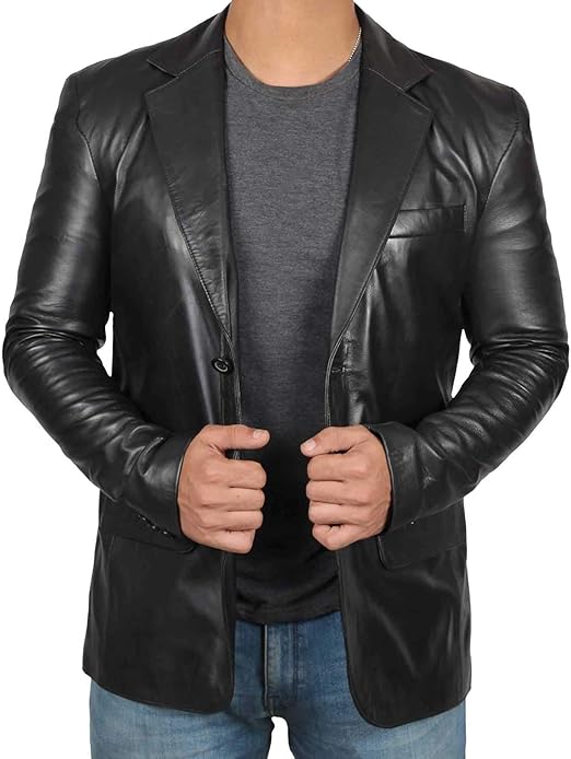 Black Leather Blazer for Men - Real Lambskin Brown Leather Mens Blazer at Amazon Men’s Clothing ...