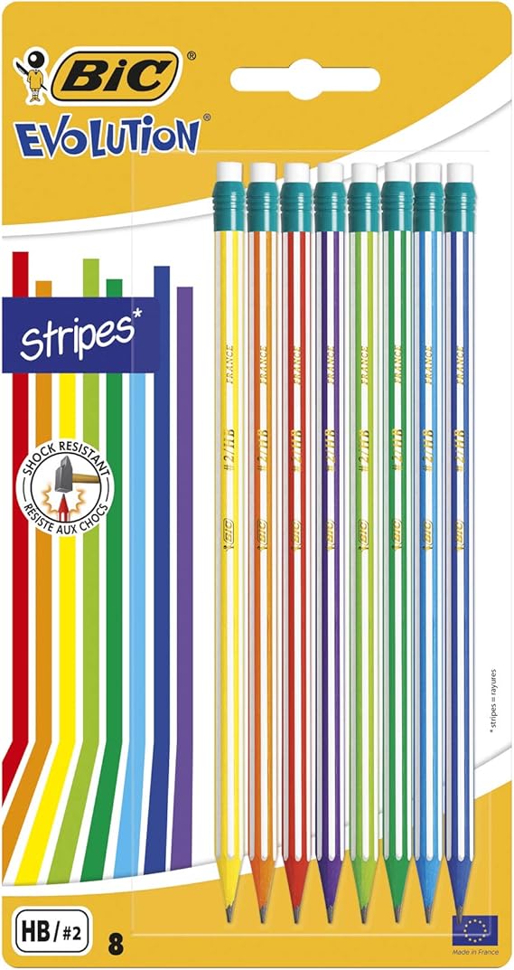 BIC Evolution Stripes avec Gomme Crayons à Papier HB avec Gomme Intégrée - Couleurs Assorties ...