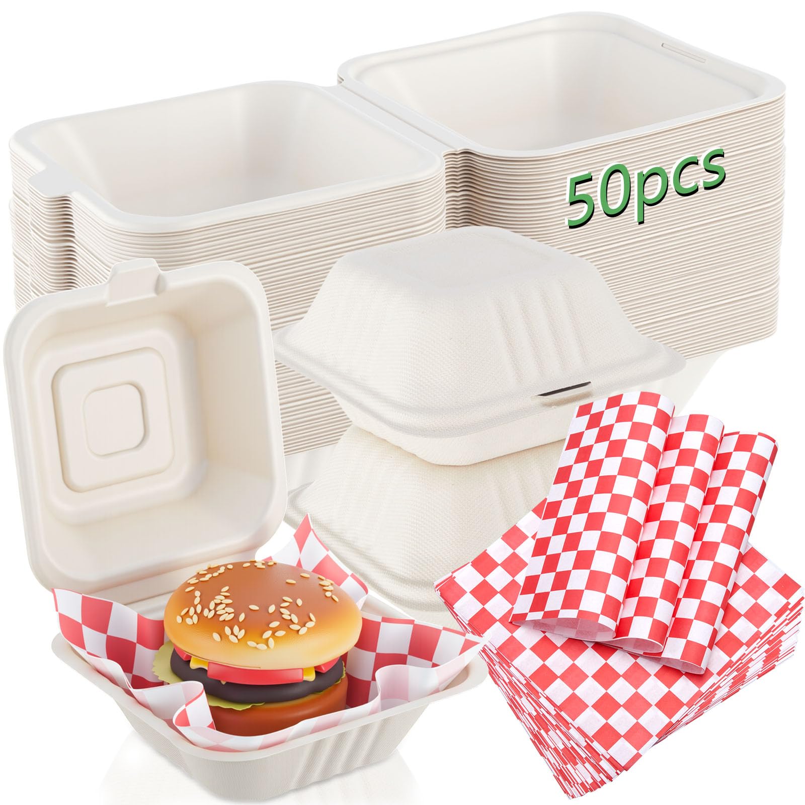 FoldTier 50 Set 6x6 Compostable Clamshell Takeout Food Containers ...
