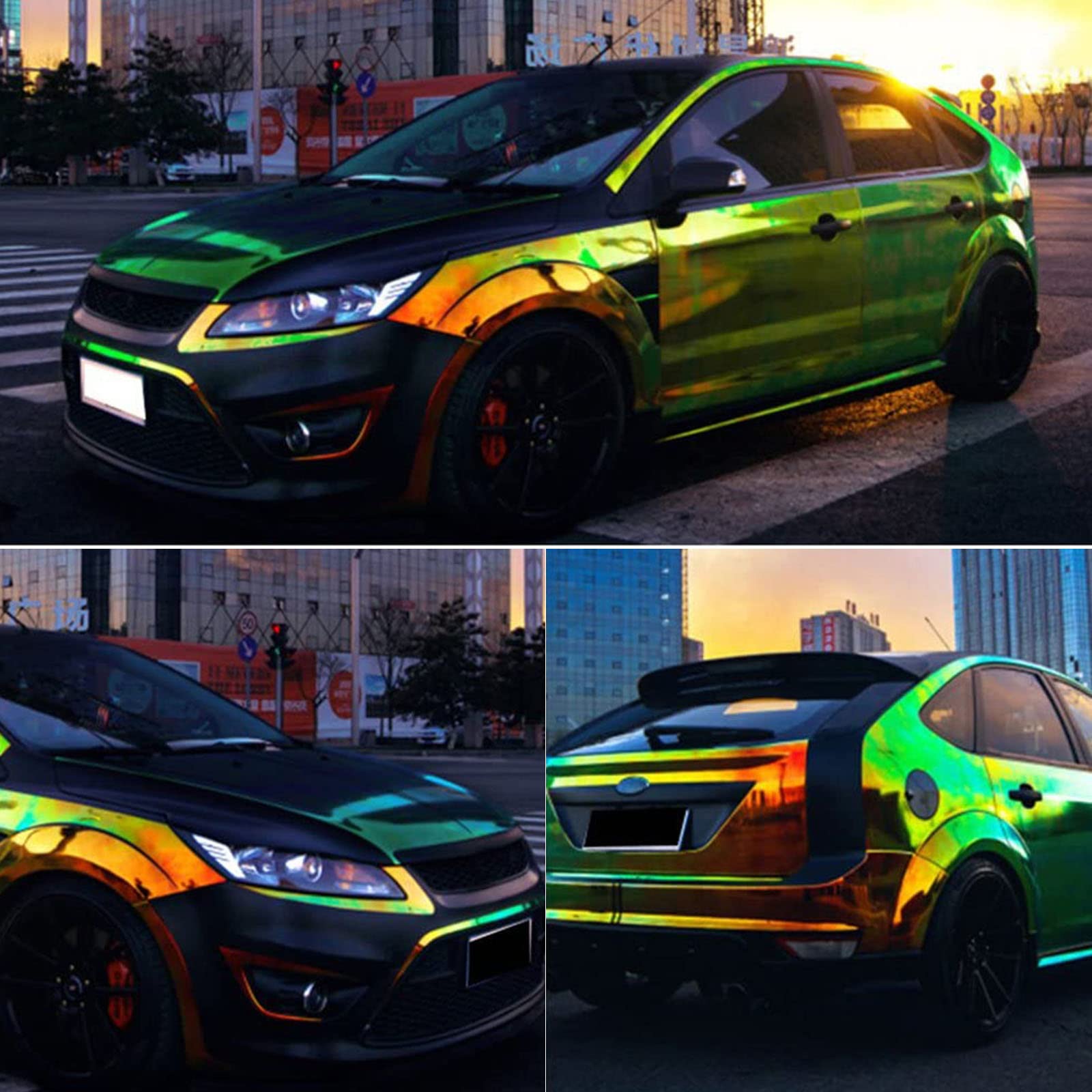 ASENDIWAY Holographic Green Vinyl Wrap Roll Rainbow Chrome Car Adhesive ...