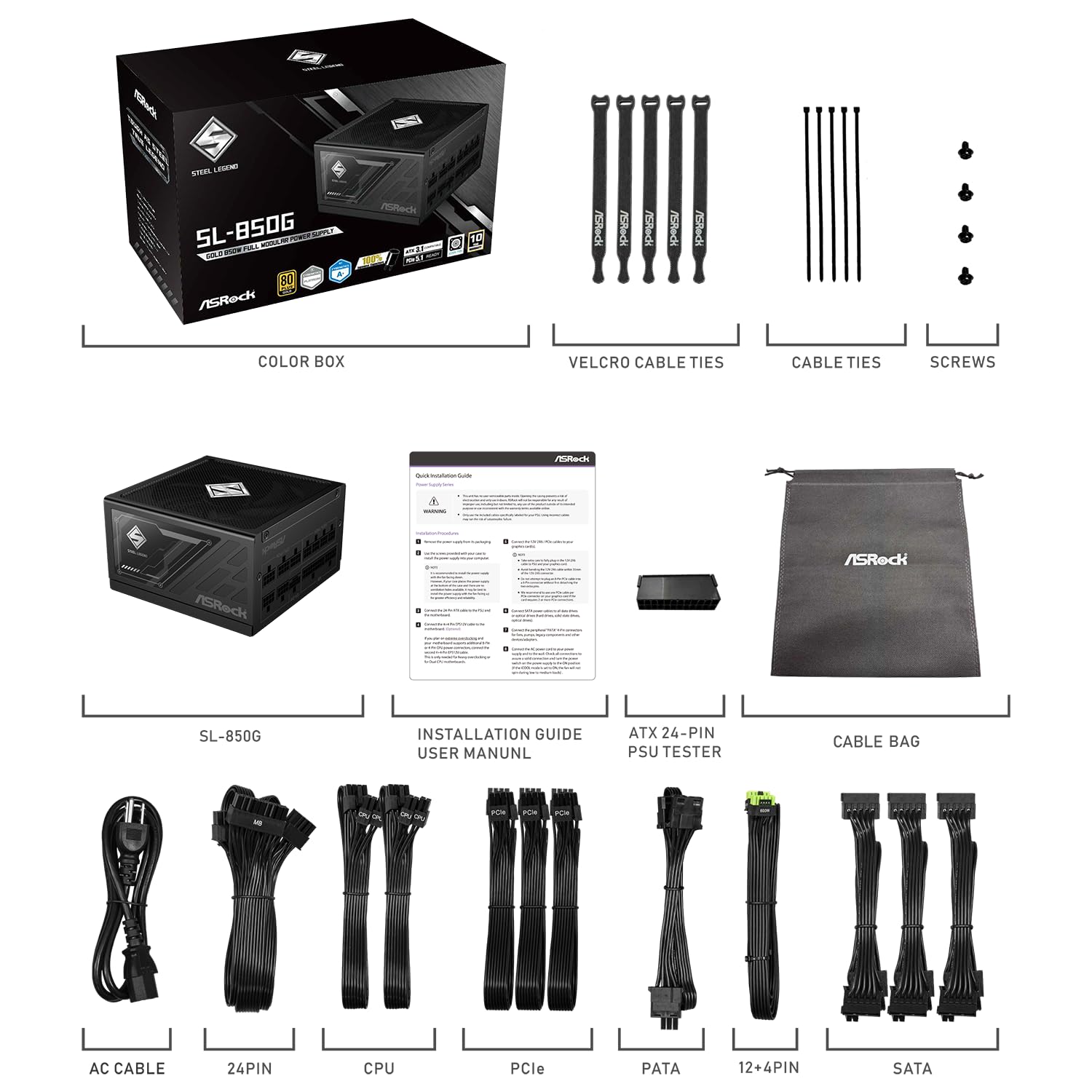 ASRock Steel Legend SL-850G 850W 80 Plus Gold & Cybenetics Platinum Full Modular Power Supply ...