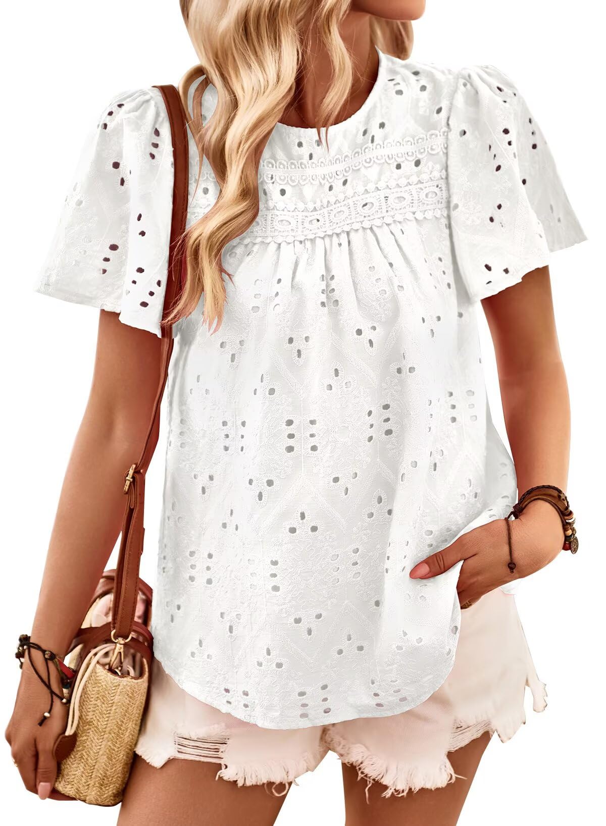 Falechay White Summer Shirt Womens Puff Sleeve Round Neck Babydoll ...