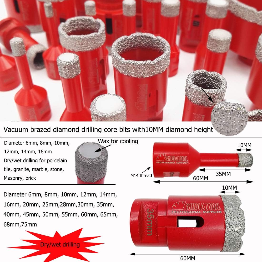 SHDIATOOL Dry Diamond Drill Core Bit Diameter 28mm Vacuum Brazed ...