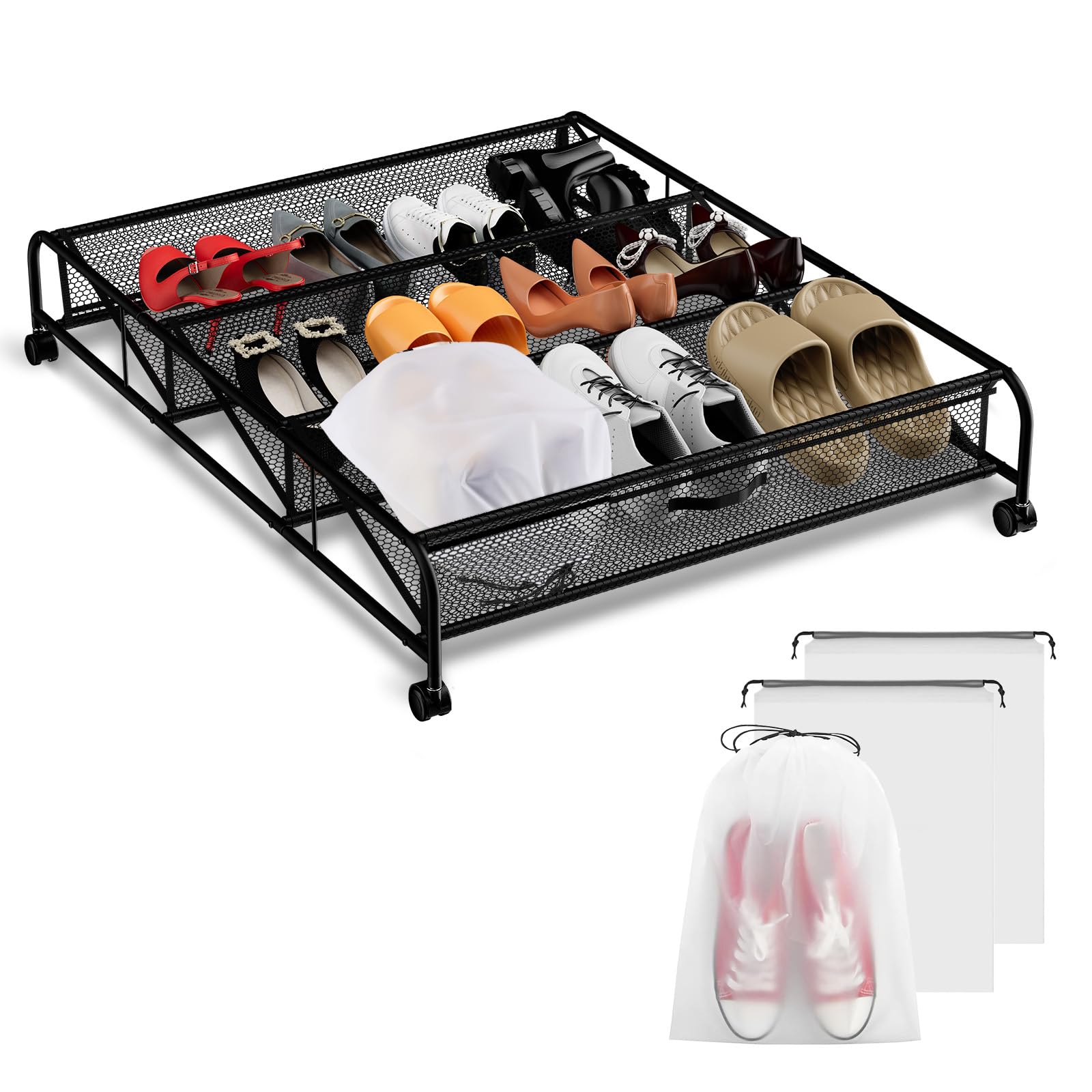 Under Bed Shoe Organizer with Wheels, Metal & Mesh Cloth, Rolling ...