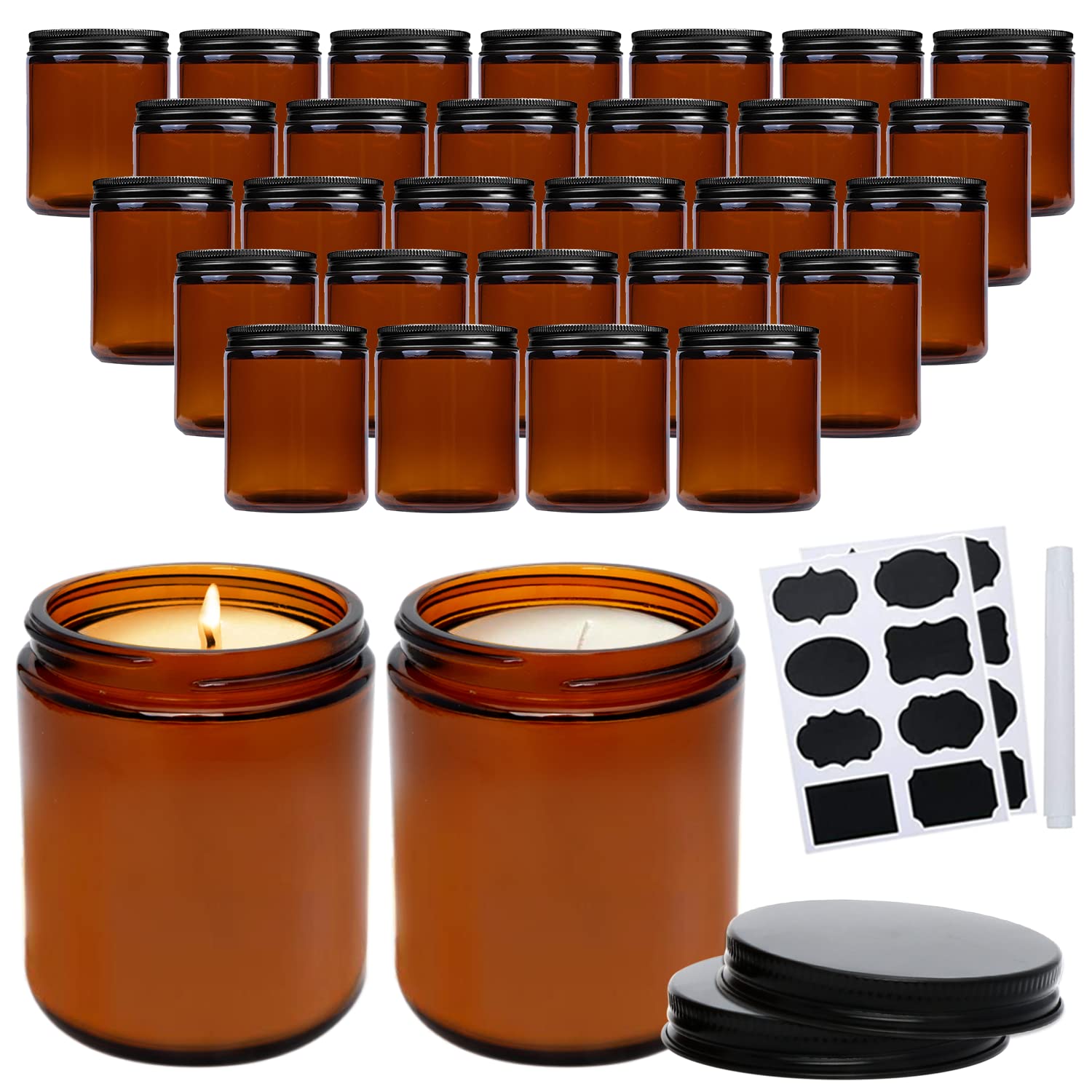 QAPPDA 8oz Amber Candle Jars Set of 30,Round Glass Jars with Black Lids ...