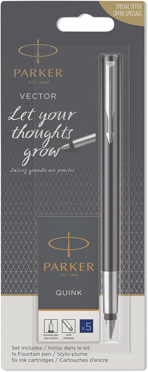 Parker Vector Fountain Pen Set | Black with Chrome Trim | Medium Nib ...