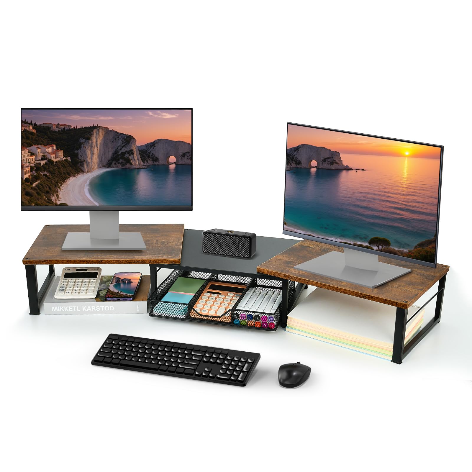 OPNICE Dual Monitor Stand Riser, Desk Organizer with Drawer, Office ...