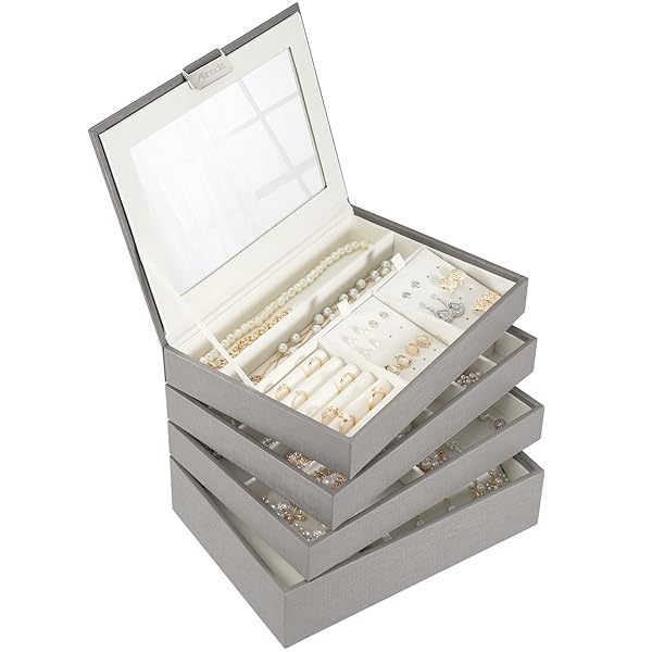 Allinside Stackable Jewelry Tray Box Sets Organizer with Mirror Lid, PU ...