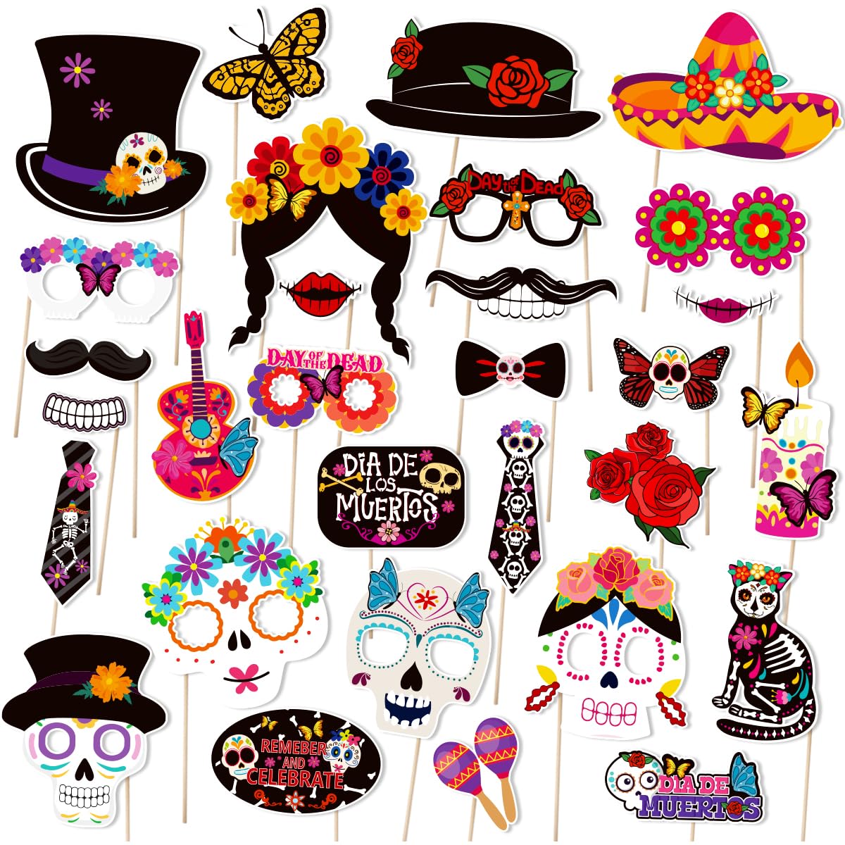 30Pcs Mexican Day of The Dead Photo Booth Props with Stick, Dia De Los ...