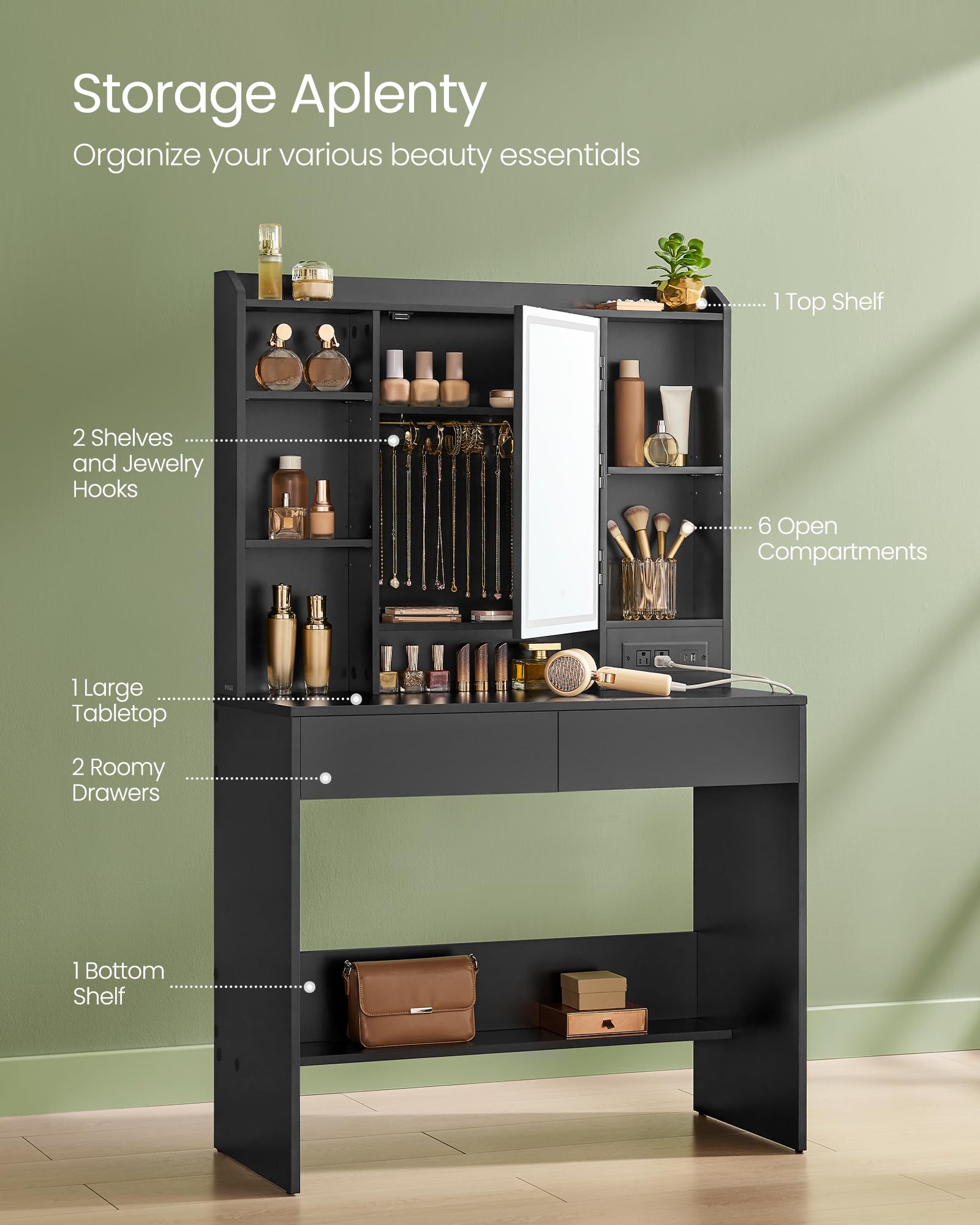 VASAGLE Vanity Desk With Power Outlets, Makeup Vanity With Mirror And ...