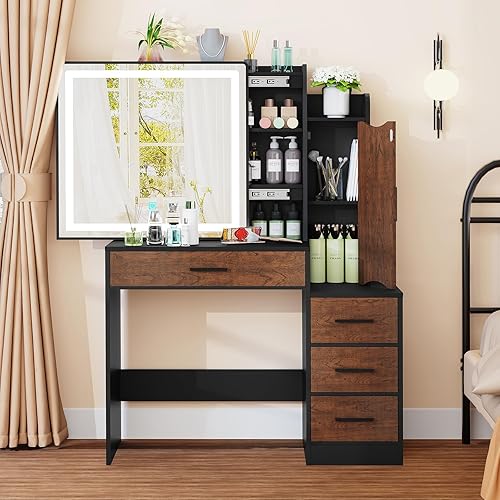 usikey Makeup Vanity Desk, Makeup Vanity Table with Sliding LED Lighted ...