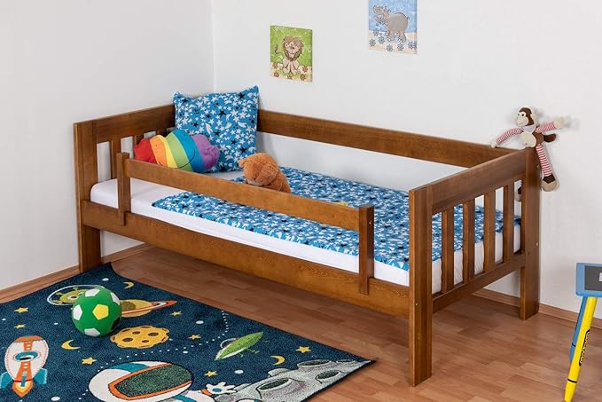 Kinderbett/Juniorbett Kiefer massiv Vollholz Eichefarben Rustikal 95 ...