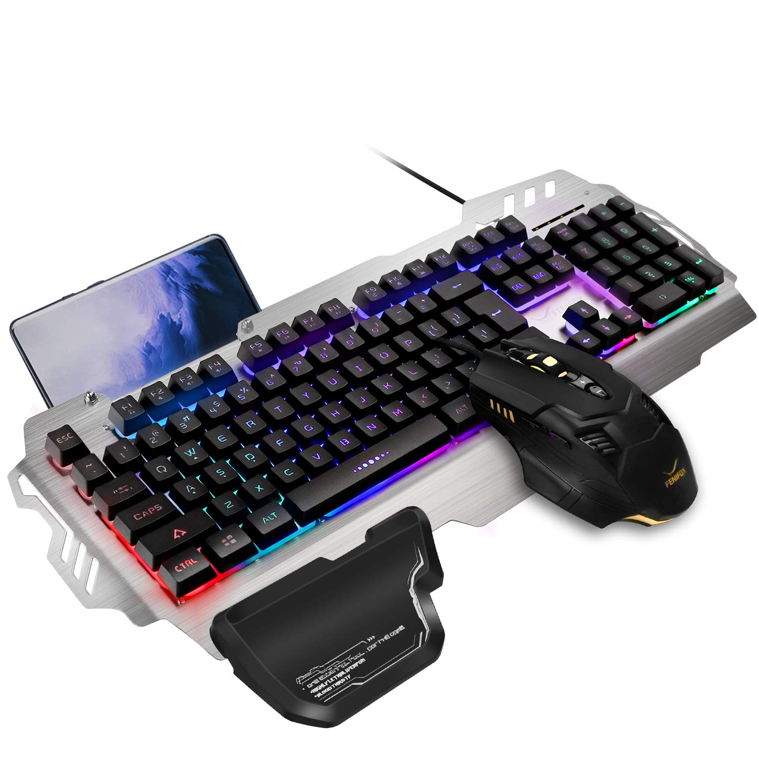FENIFOX Gaming Keyboard and Mouse, Wired Backlit Rainbow Ergonomic ...