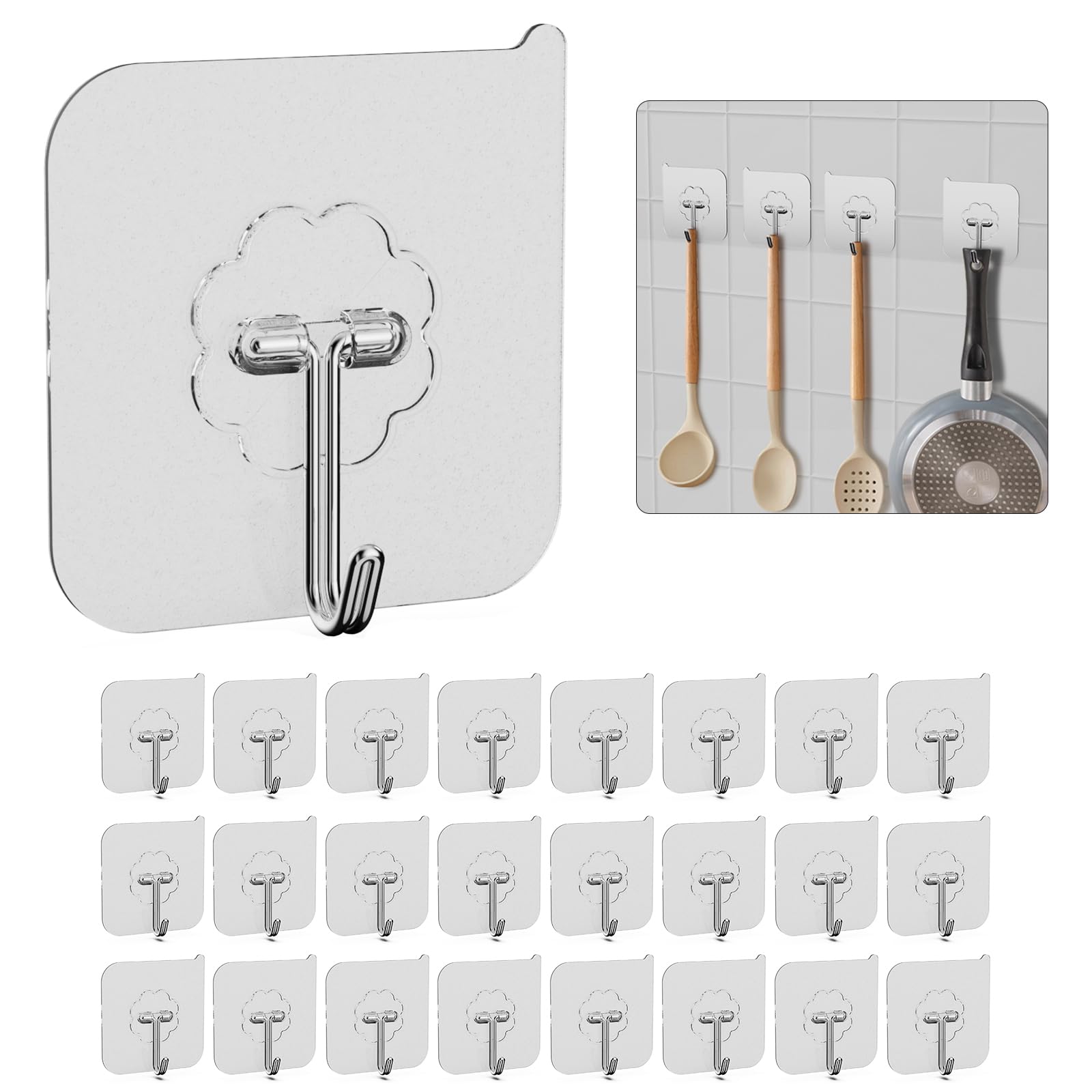 24 Pack Kitchen Hooks for Hanging Utensils, 22lb (Max) Transparent ...