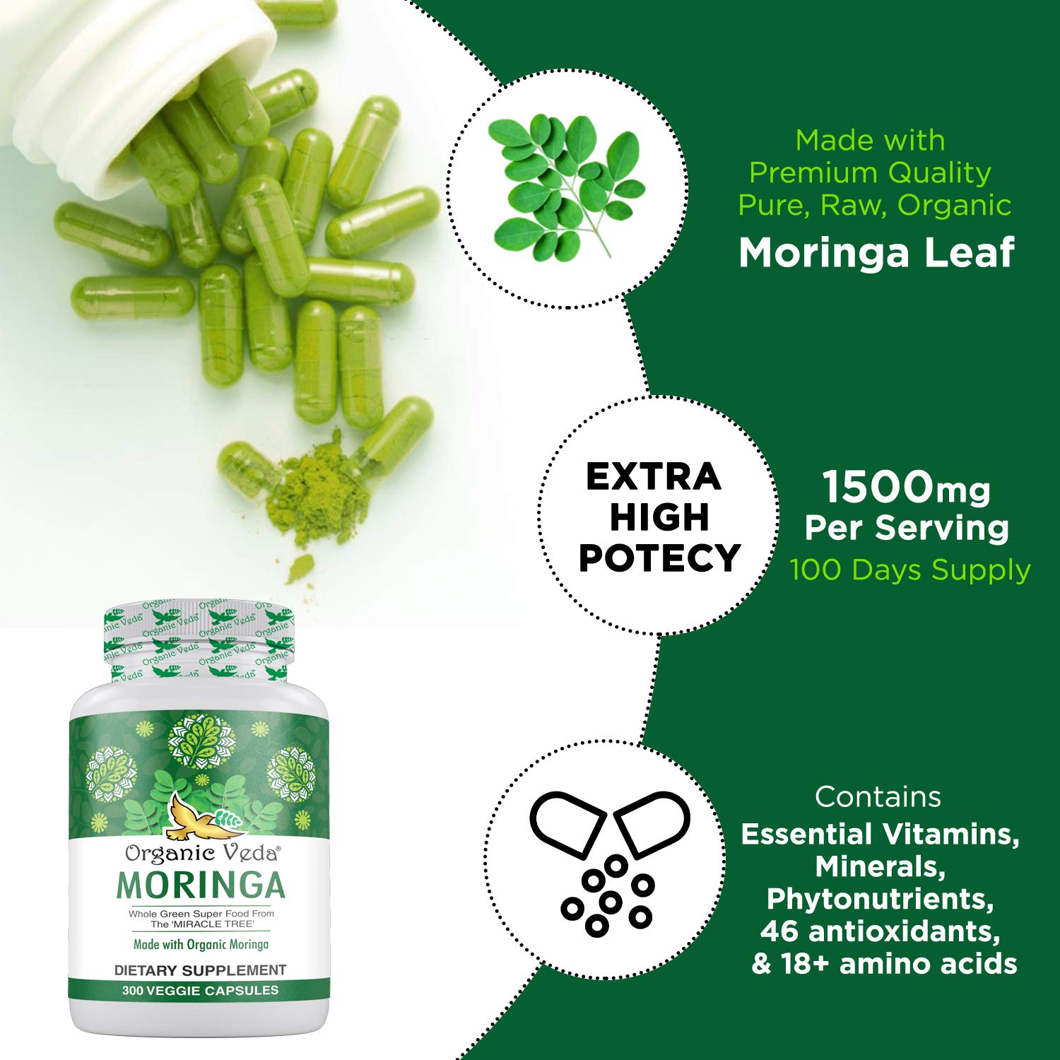 Mua Moringa Leaf Capsules 1500mg, 300 Count - Pure Raw Moringa Oleifera ...