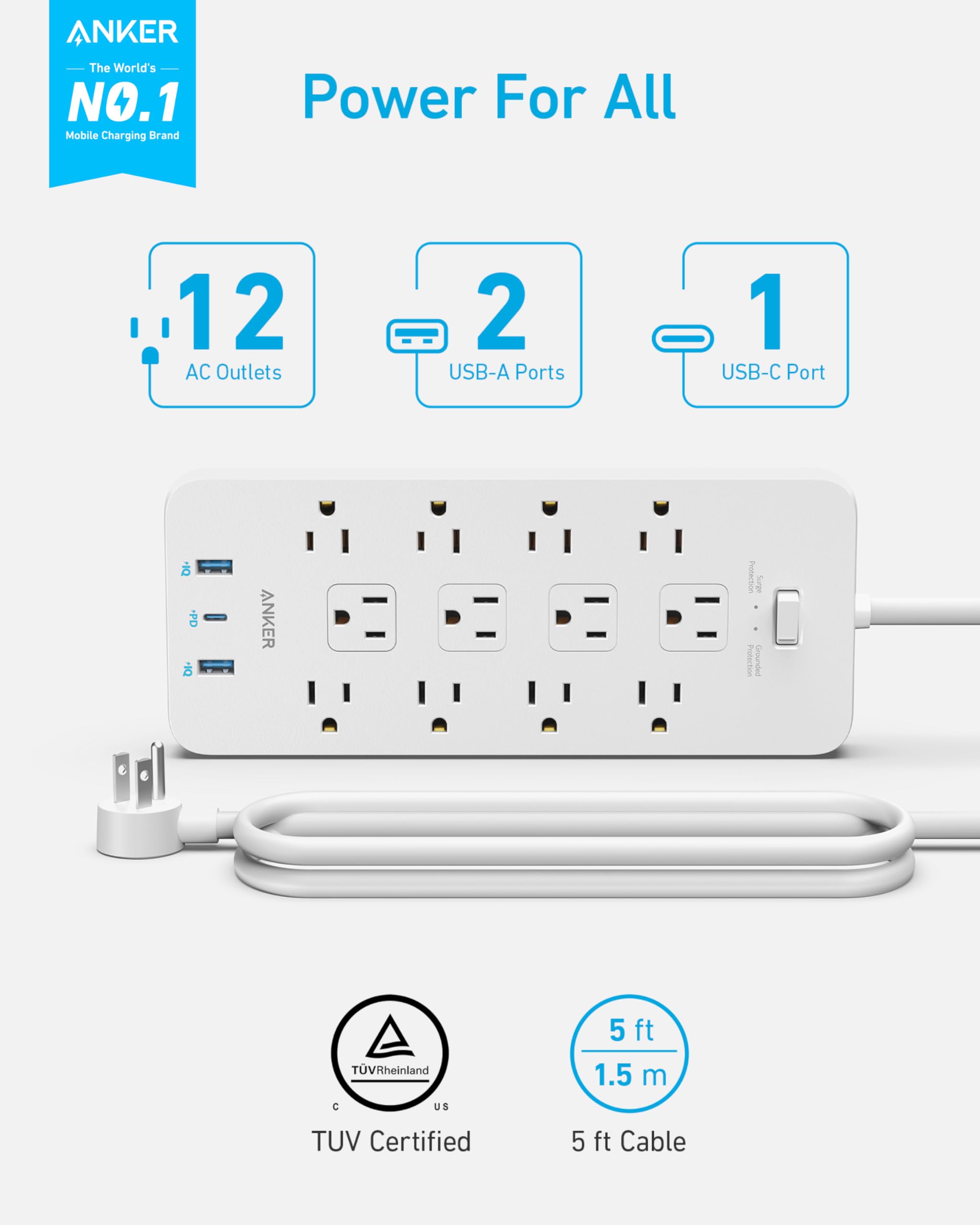 Mua Anker Power Strip Surge Protector (2100J), 12 Outlets with 3 USB Ports for iPhone 15/15 Plus ...