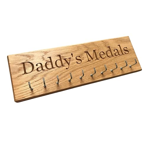 Wooden Medal Hanger Handmade Engraved Oak 10 Hooks - Daddy's Medals ...