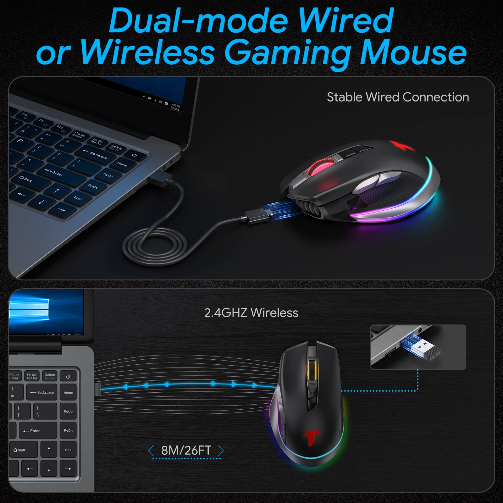 Mua TECURS Wireless Gaming Mouse, 12000 DPI Wired & Wireless Dual Modes Rechargeable RGB Gaming ...