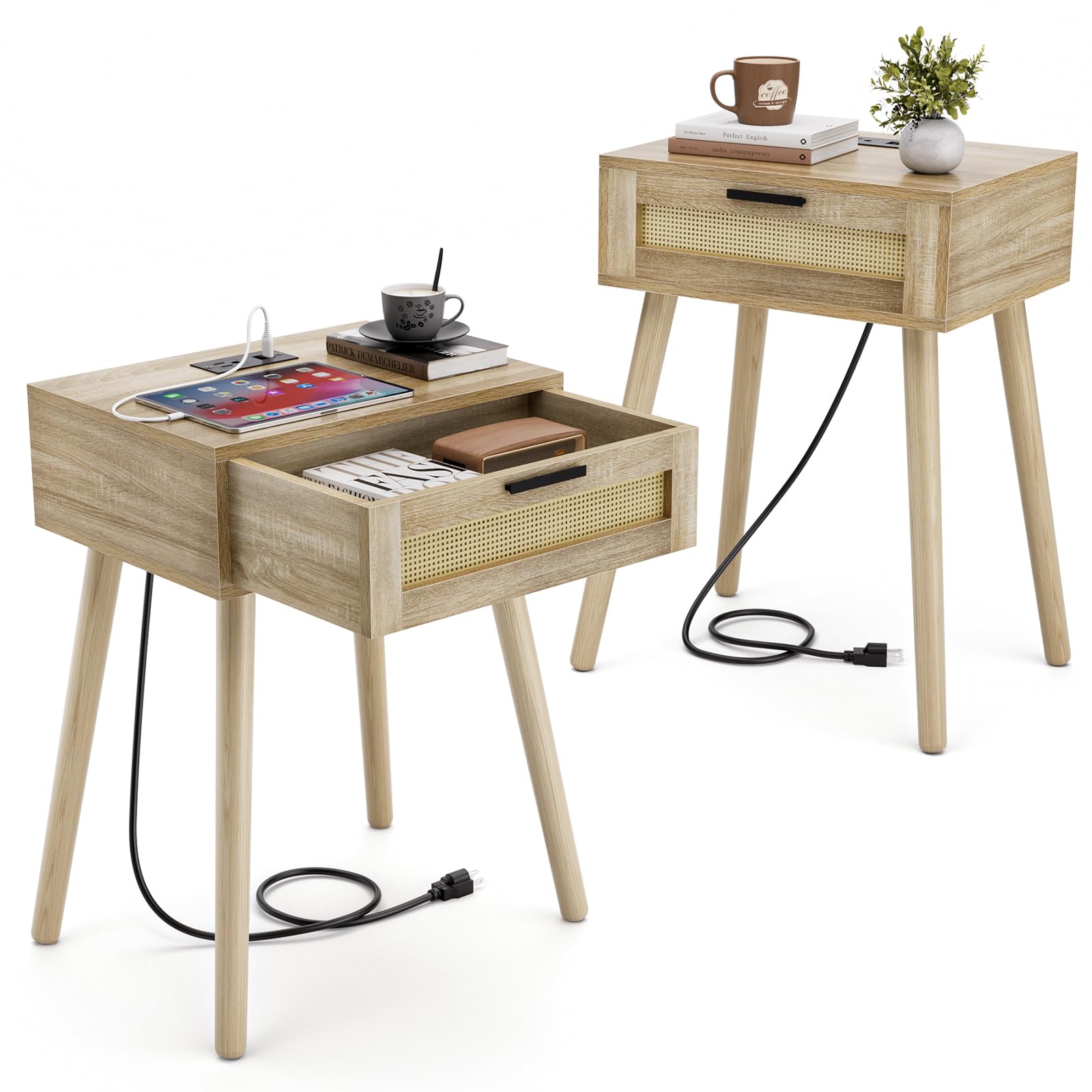 HAIOOU Nightstand with Charging Station Rattan Drawer, Set of 2 Mid ...