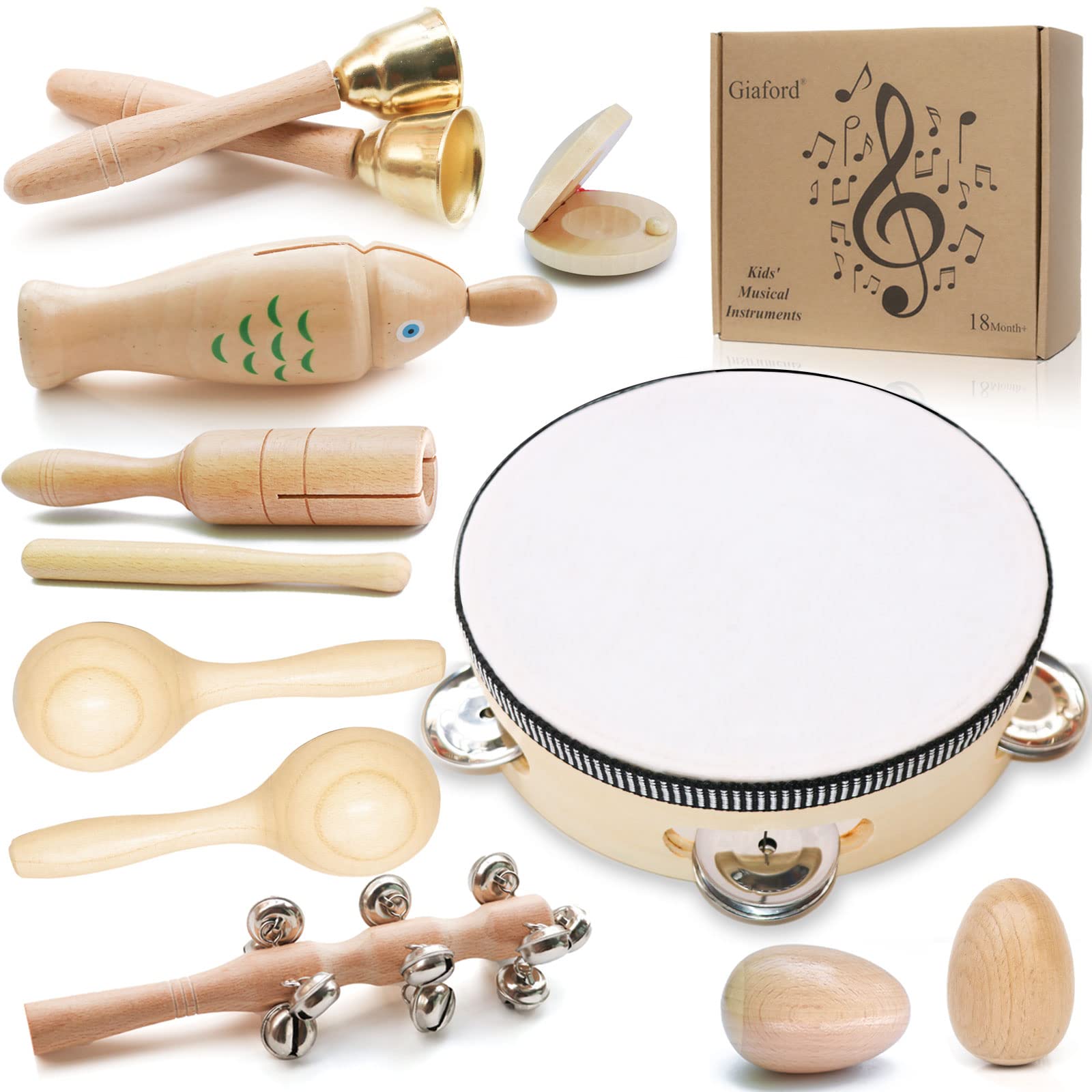 Giaford Toddler Wooden Musical Instruments Kids Drum Set Toy Tambourine ...