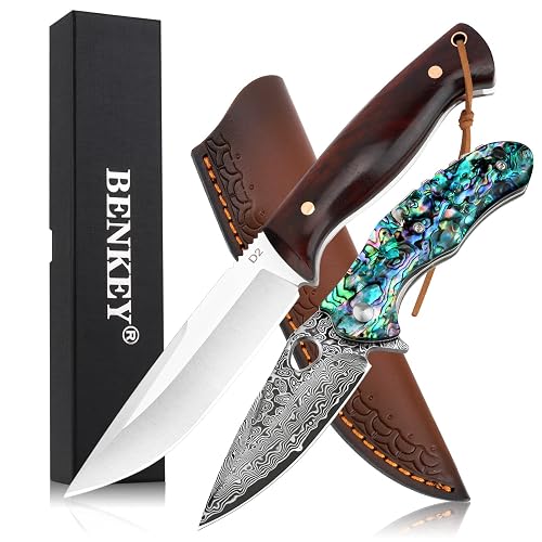 Benkey VG10 Damascus Natural Abalone Seashells Pocket Knife with Clip ...