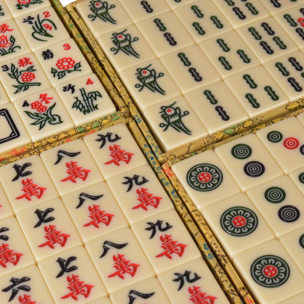 Chinese Mahjong Game Set w/ Ivory Colored Tile Set and Embroidered Silk ...