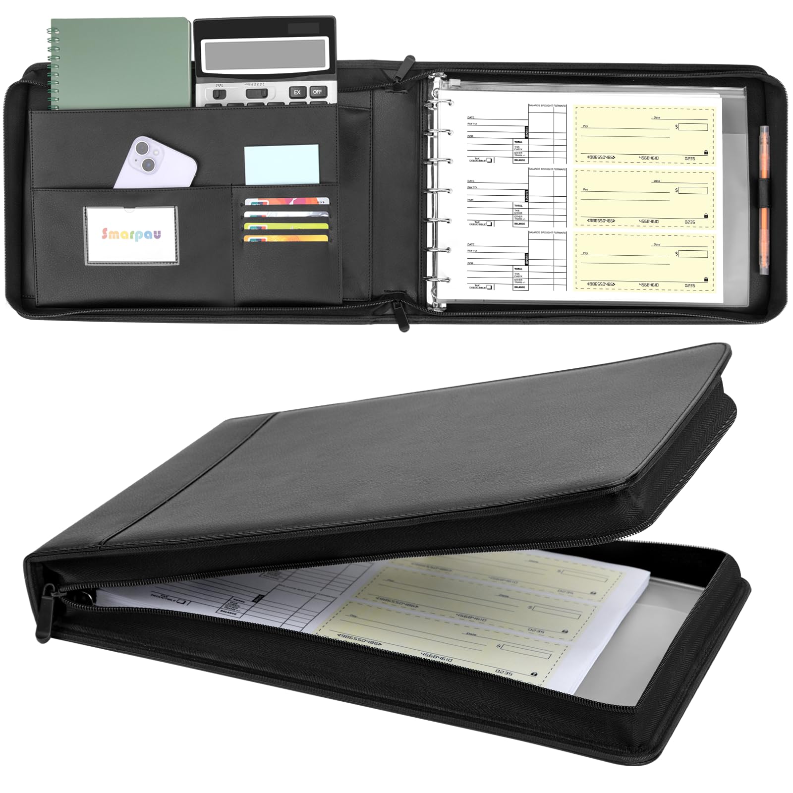 Smarpau Business Checkbook Binder with Zipper Pouch, 7 Ring PU Leather ...