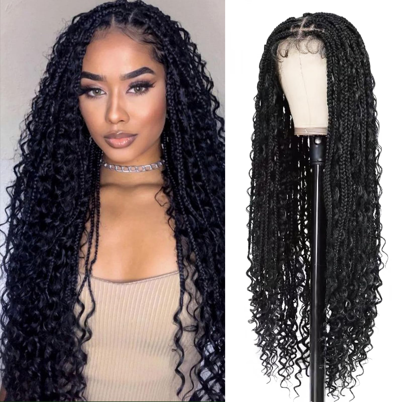Janyuwool 36" Boho Knotless Box Braided Wigs Full Double Lace Braid Wig for Black Women Lace ...