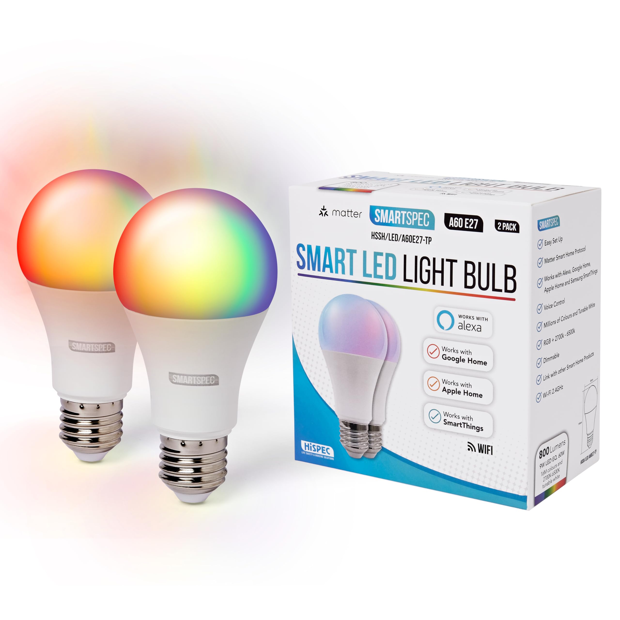 SMARTSPEC Smart Bulb 2 Pack, Smart WiFi LED Light. Works with Amazon ...