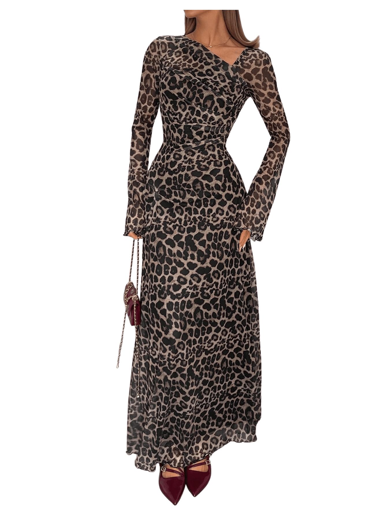 BEAUDRM Women's Leopard Print Maxi Dress Asymmetrical Neck Ruffle Long ...